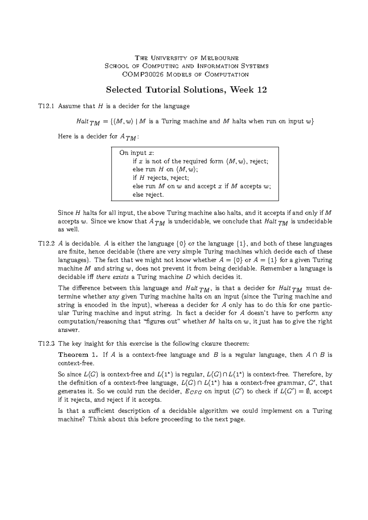 2021 Semester 1 tutorial 12 answer - The University of Melbourne School ...