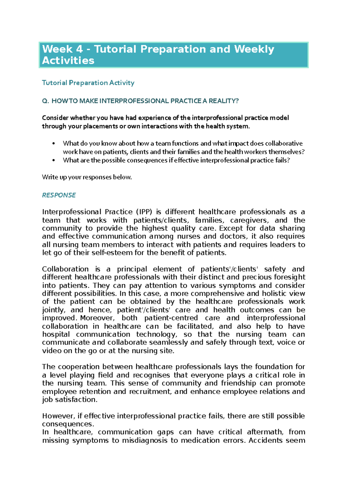 HLTH1000 Week 4 - Tutorial Preparation and Weekly Activities - Week 4 ...