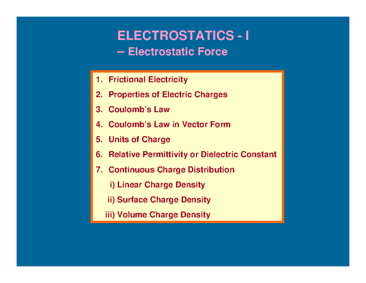 1m Electrostatics - Physics notes - ELECTROSTATICS - I Electrostatic ...