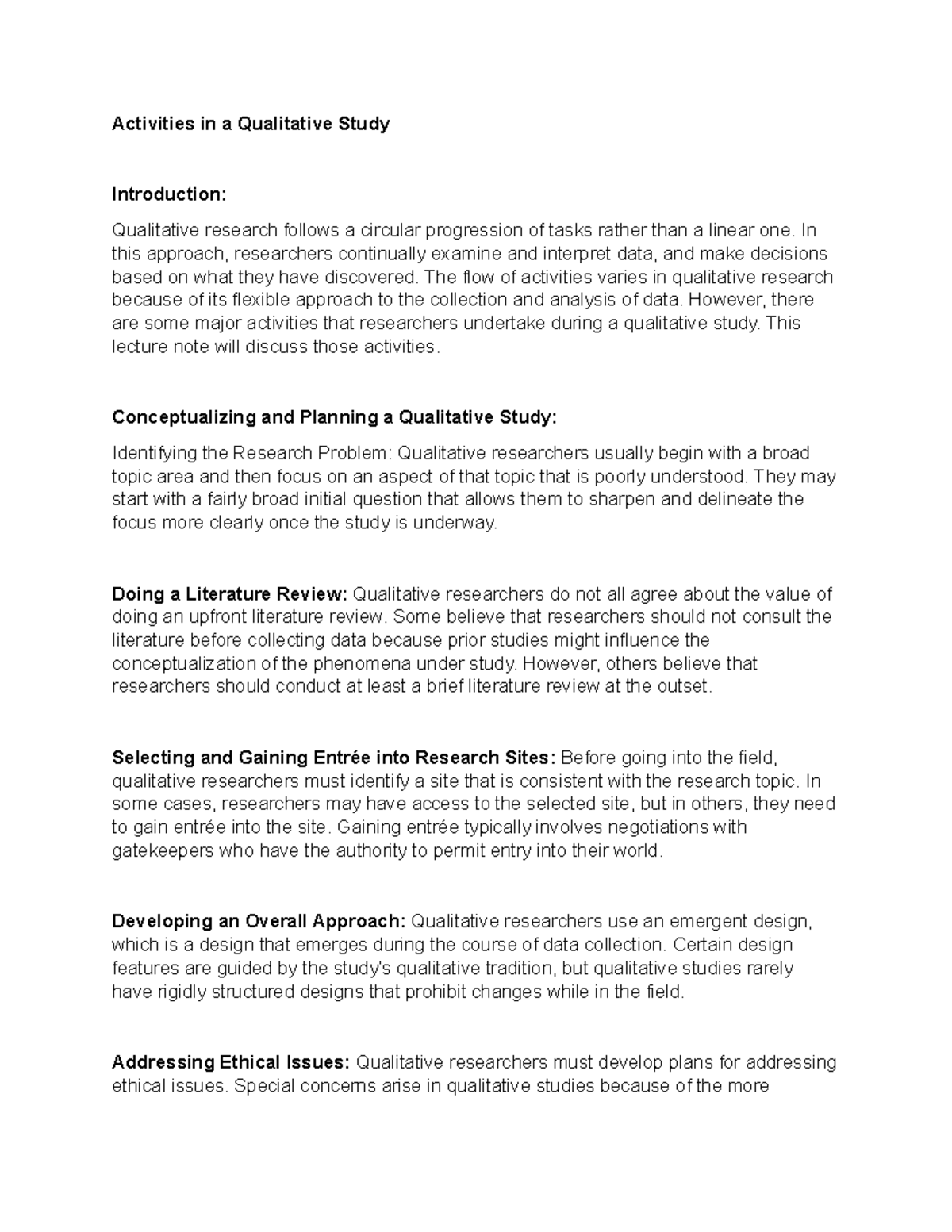 Activities in a Qualitative Study - Activities in a Qualitative Study ...