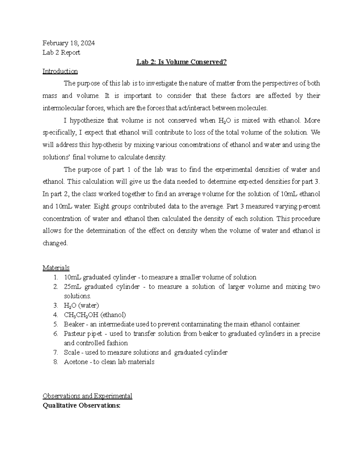 Lab Report 2 - lab 2 - February 18, 2024 Lab 2 Report Lab 2: Is Volume Conserved? Introduction ...