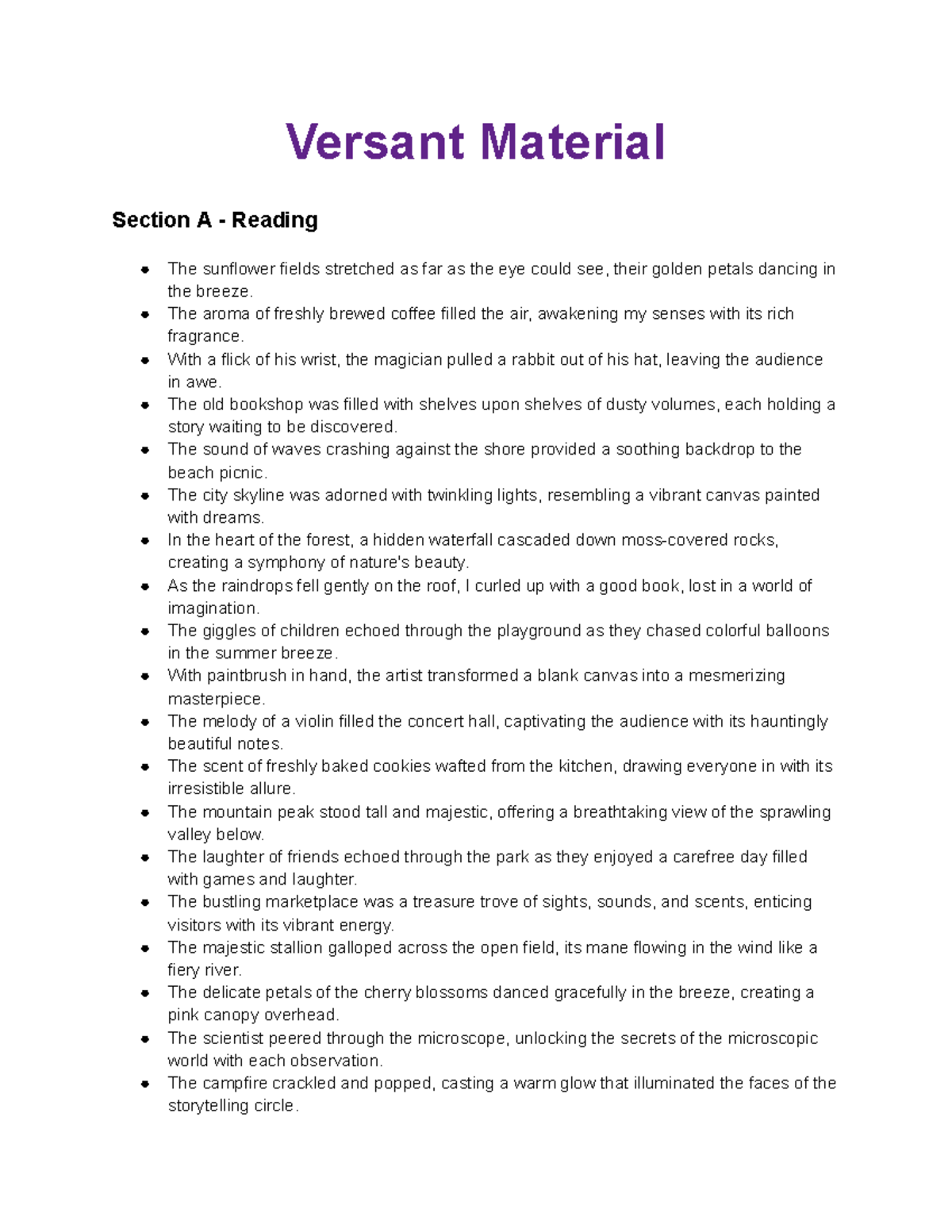 Versant Material - Versant Material Section A - Reading The sunflower ...