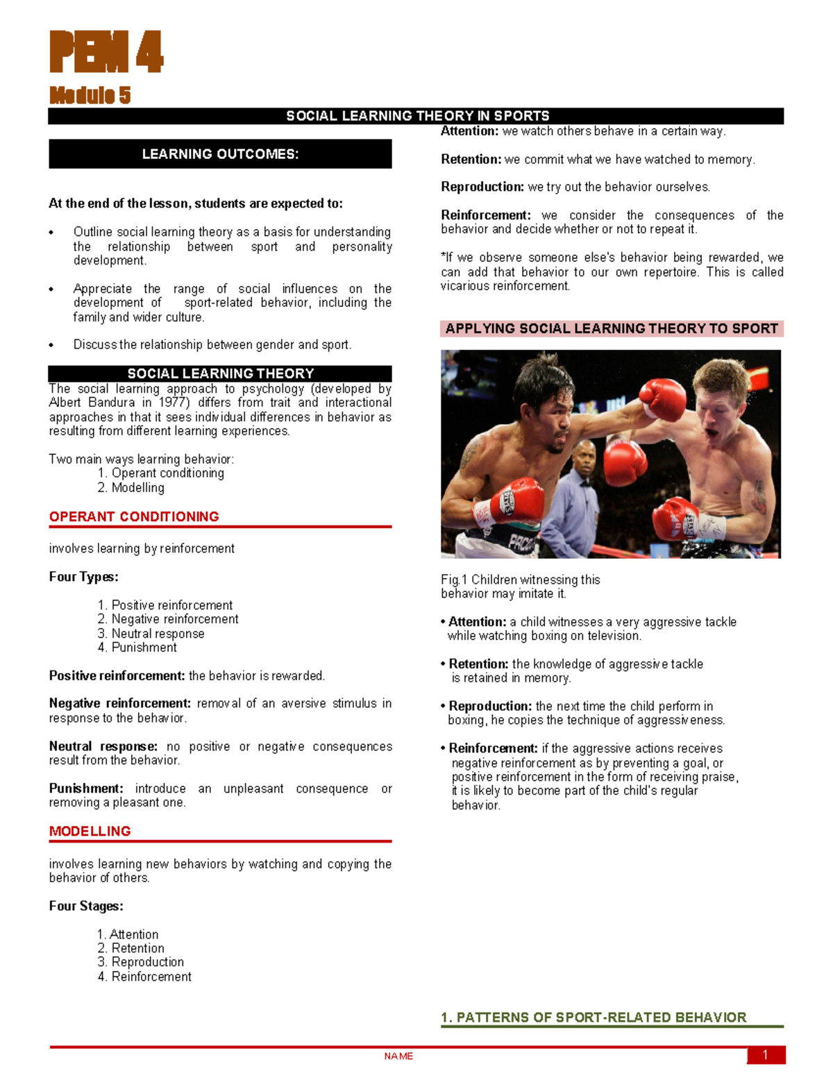 Module 4 pem 5 - PEM 4 Module 5 SOCIAL LEARNING THEORY IN SPORTS ...