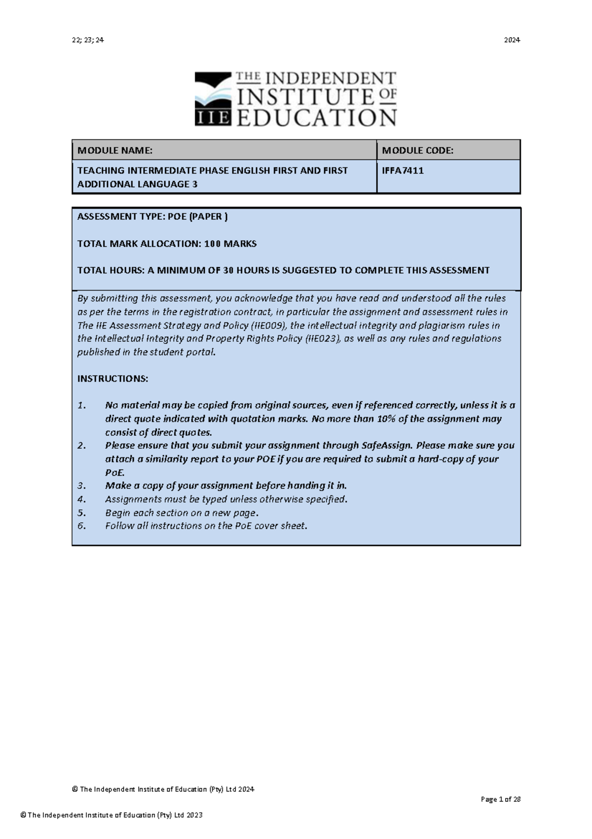 IFFA7411 POE - Portfolio of evidence for 2024 iffa. - © The Independent ...