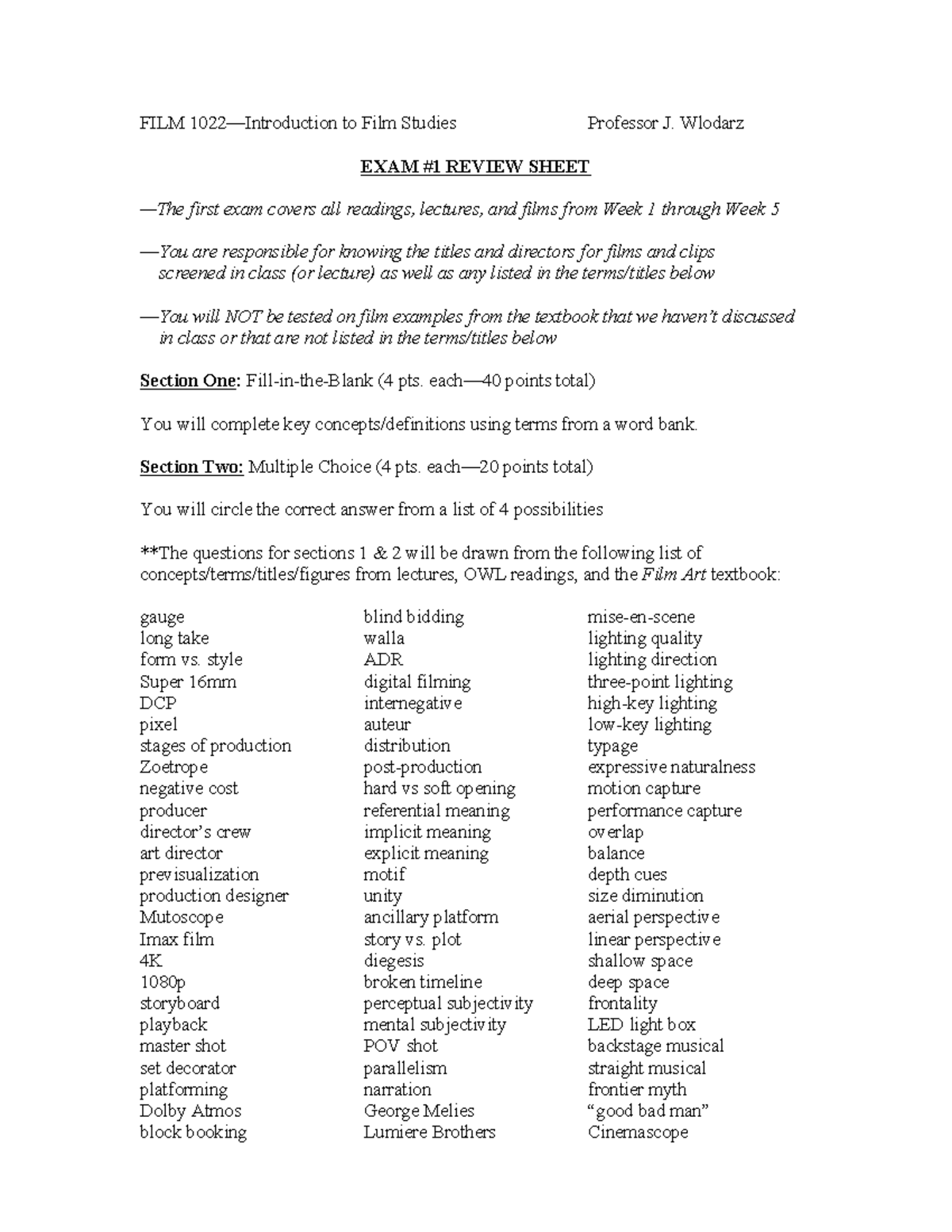 Sample/practice exam October 2019, questions - FILM 1022—Introduction ...