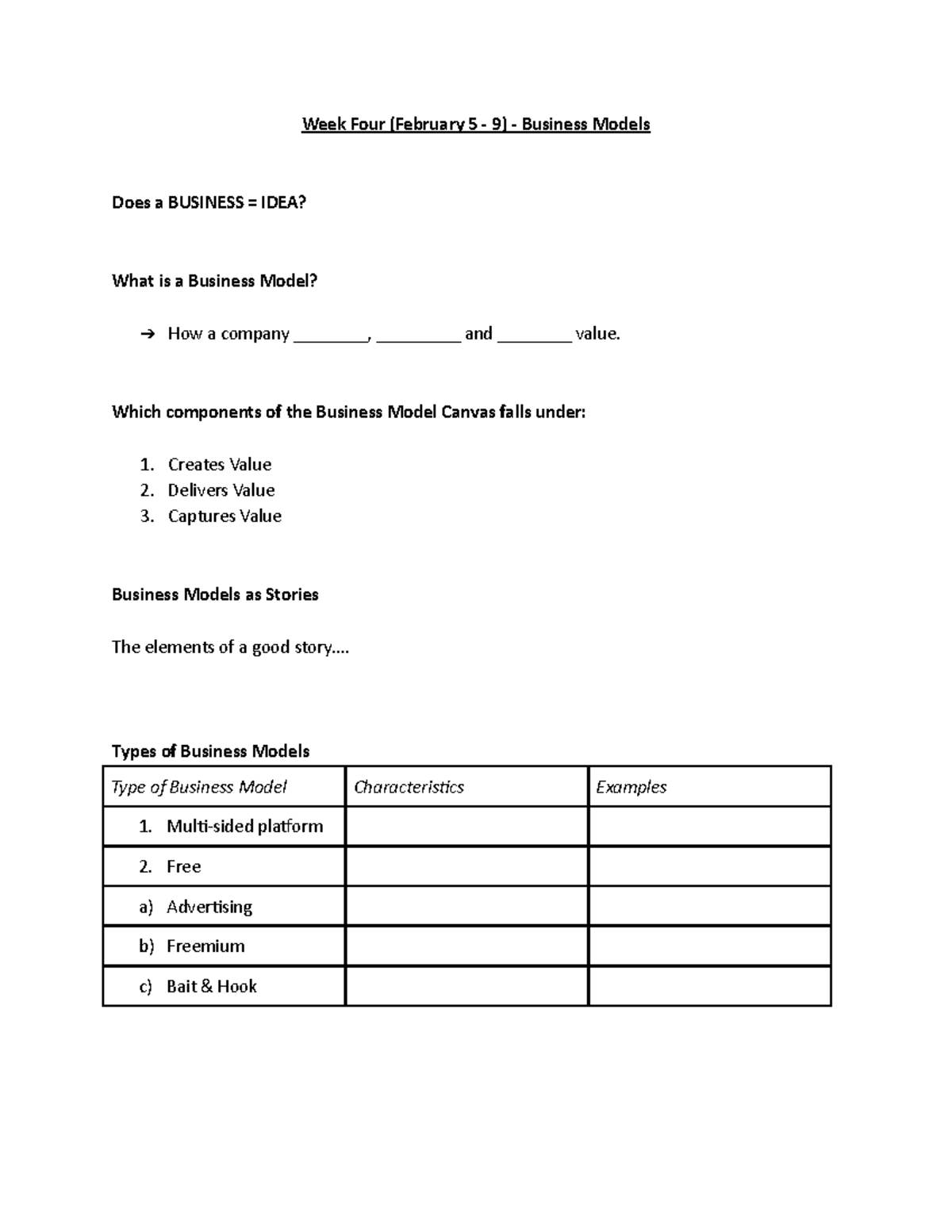 Week 4 (Feb. 5-9) - Business Models - Week Four (February 5 - 9 ...