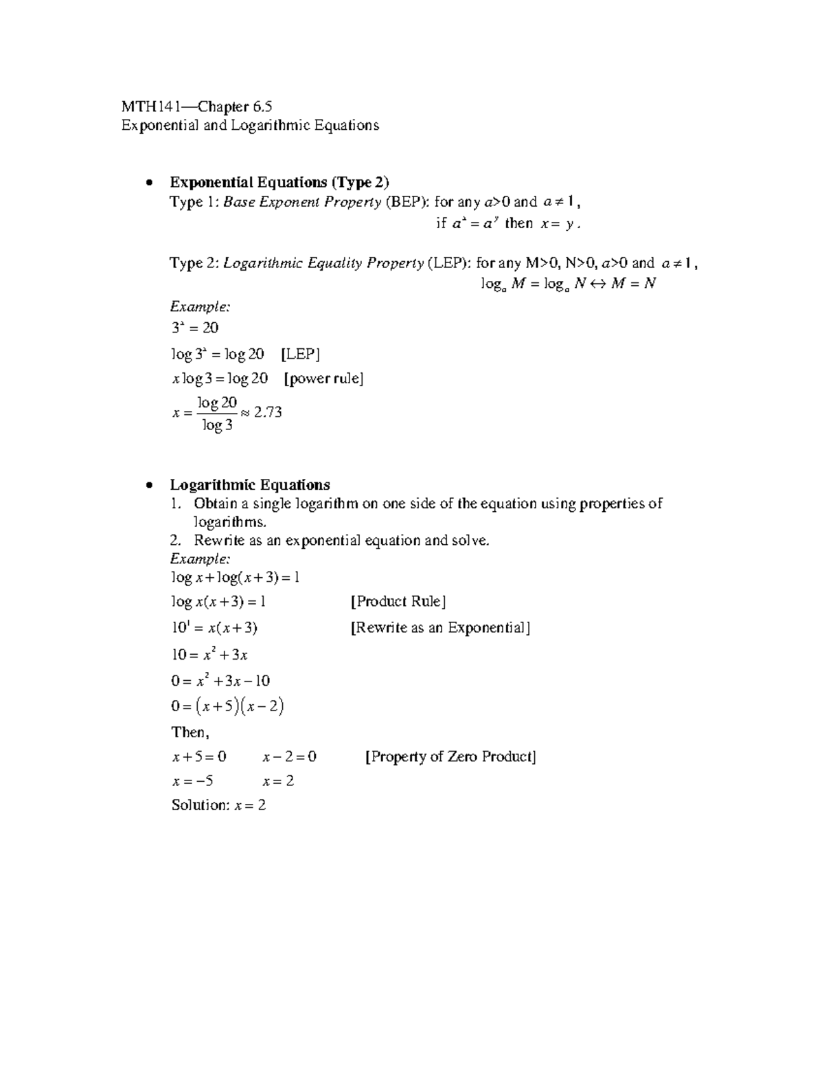 MTH141 6.5 Notes - These pages explain the types of exponential ...