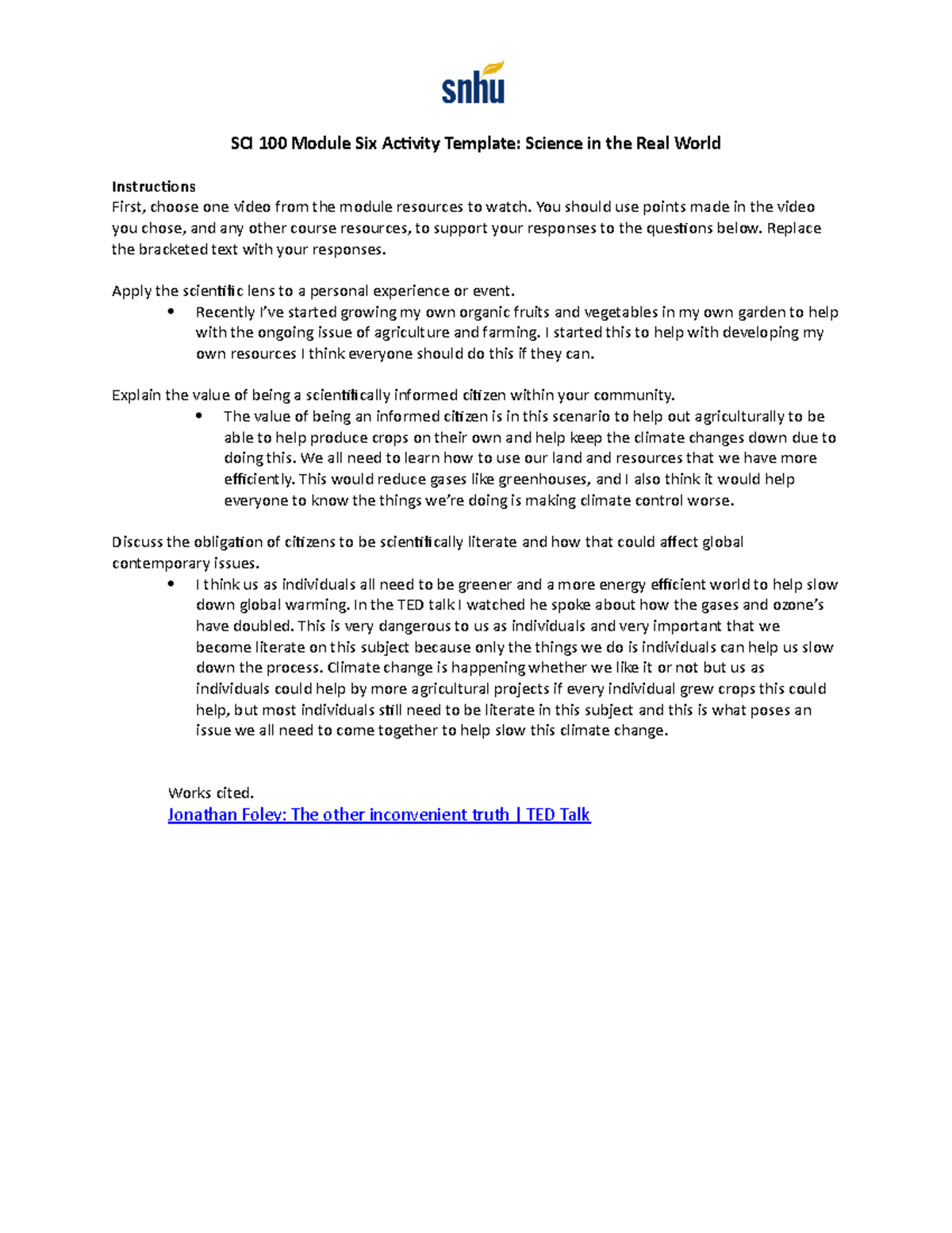 SCI 100 Module Six Activity Template - You should use points made in ...