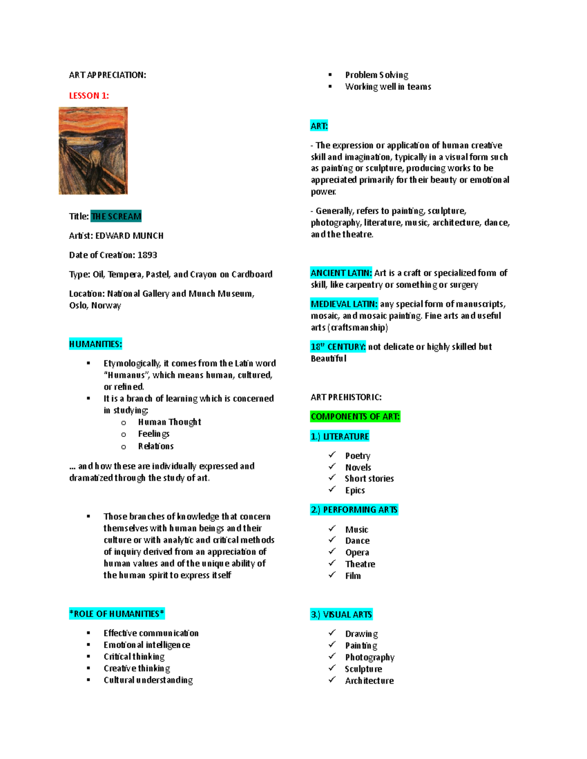 ART Appreciation Lecture notes - ART APPRECIATION: LESSON 1: Title: THE ...