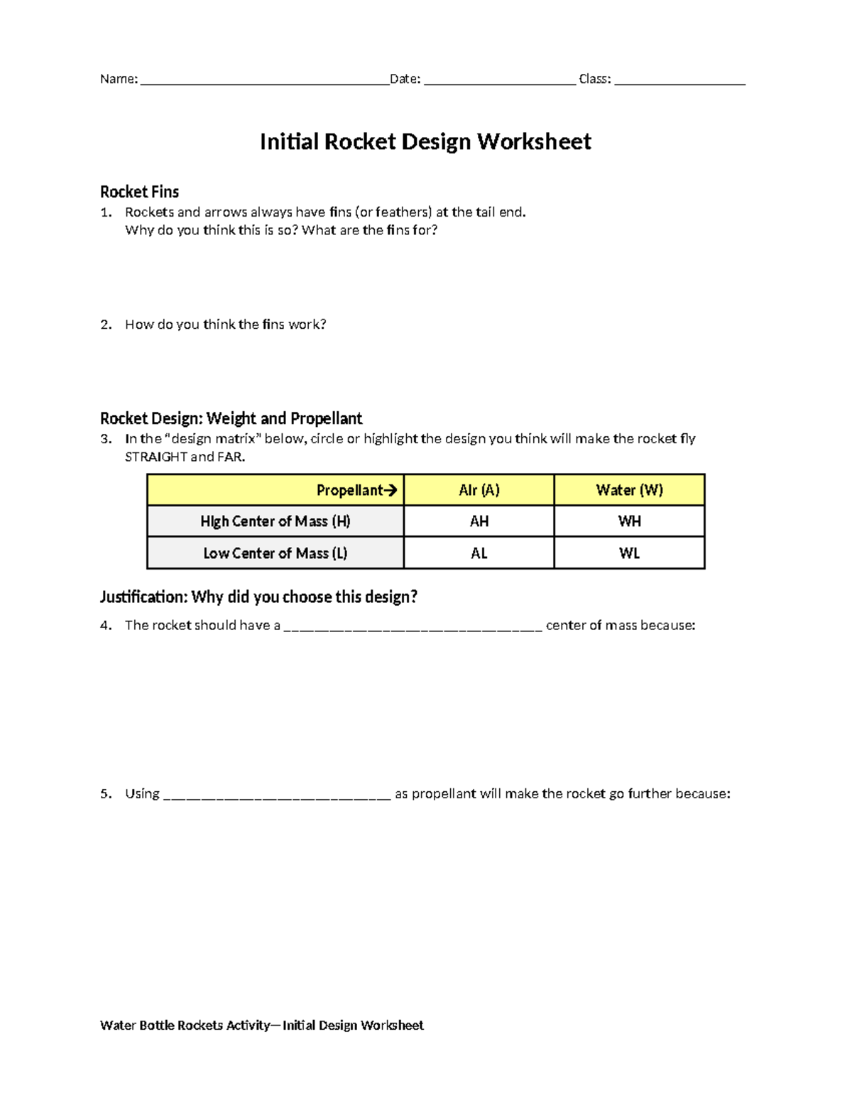 Initial Rocket Design Worksheet - Name ...