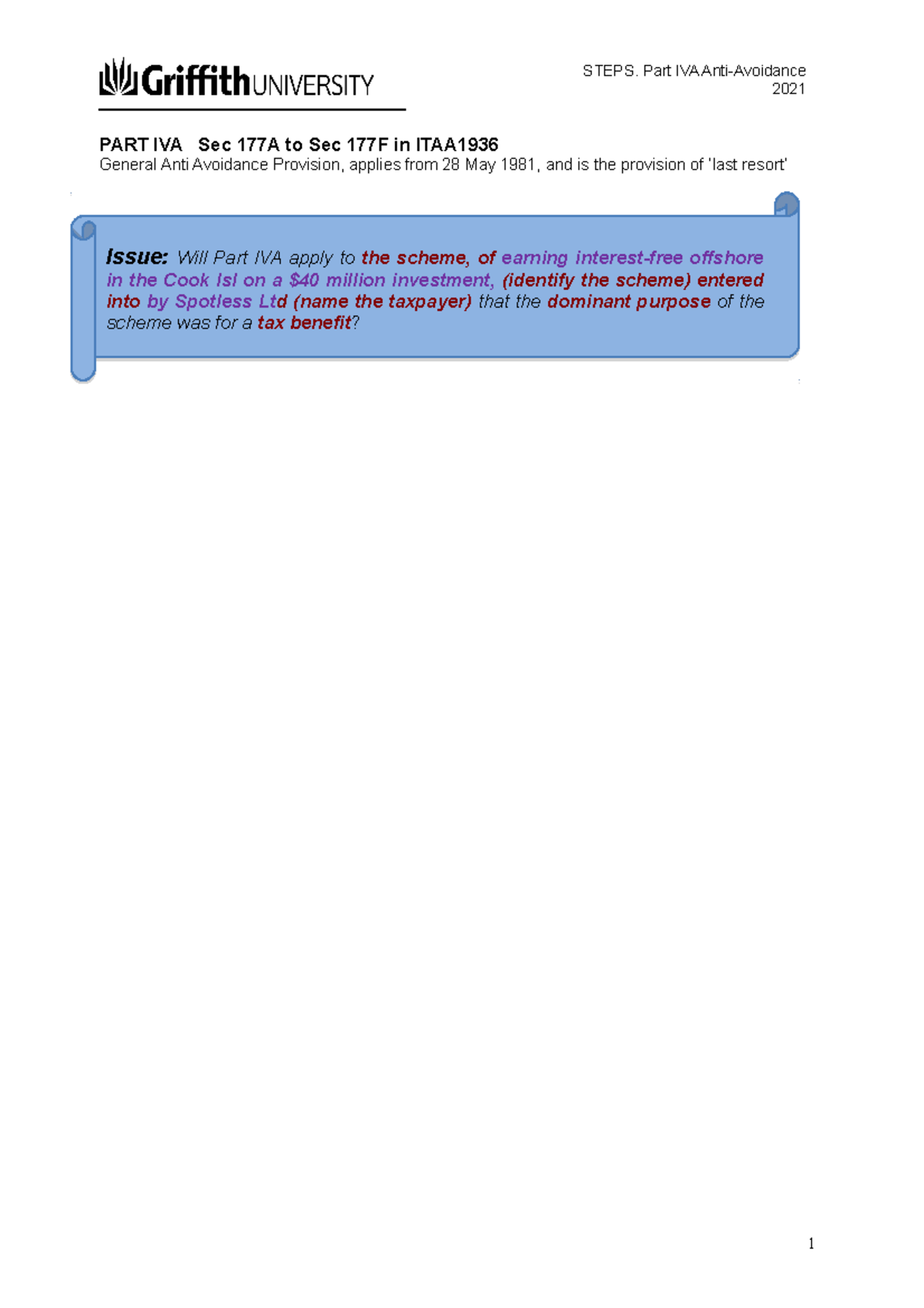 Part IVA Steps Solutions using Template .2021 - 2021 PART IVA Sec 177A ...