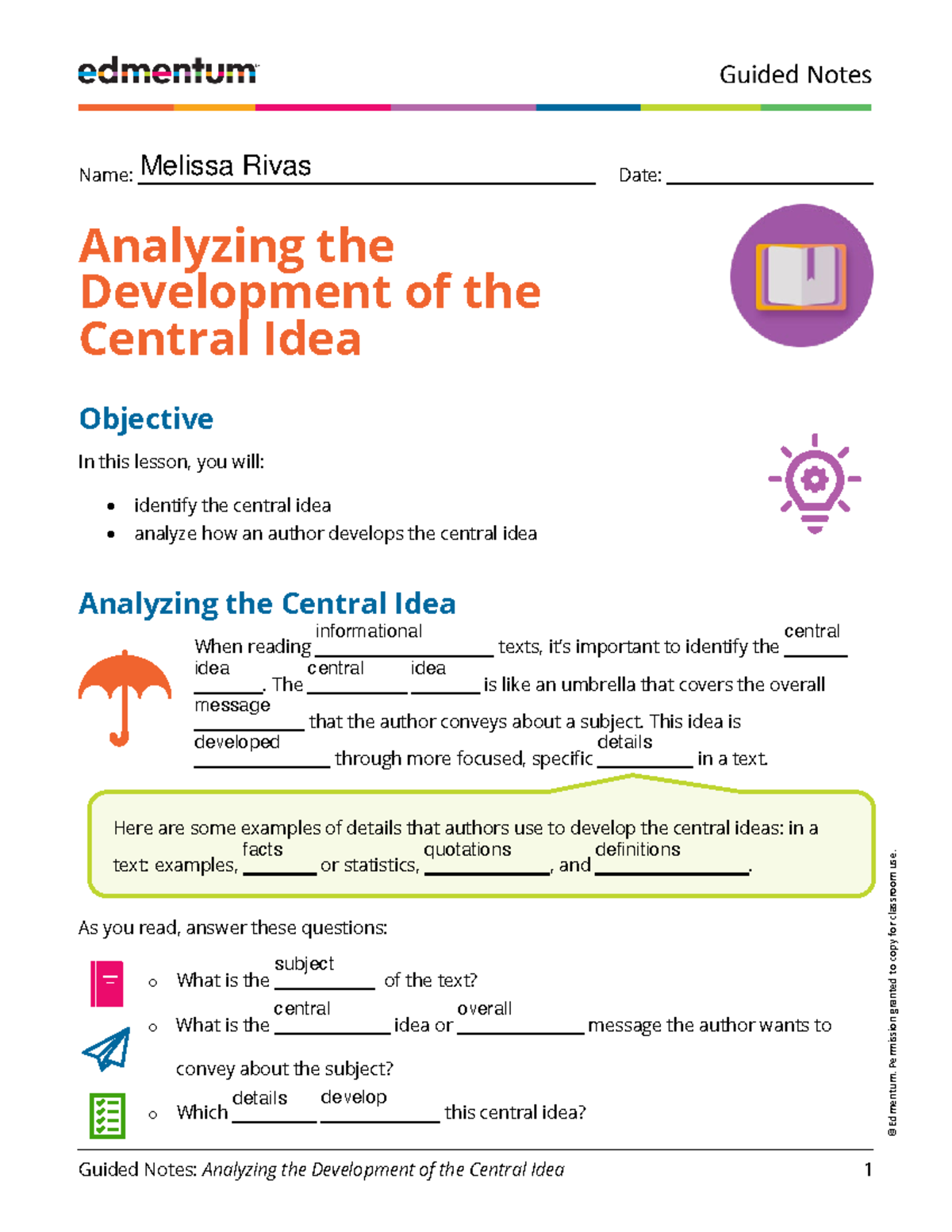 Analyzing the Development of the Cental Idea - Guided Notes Name: Date ...