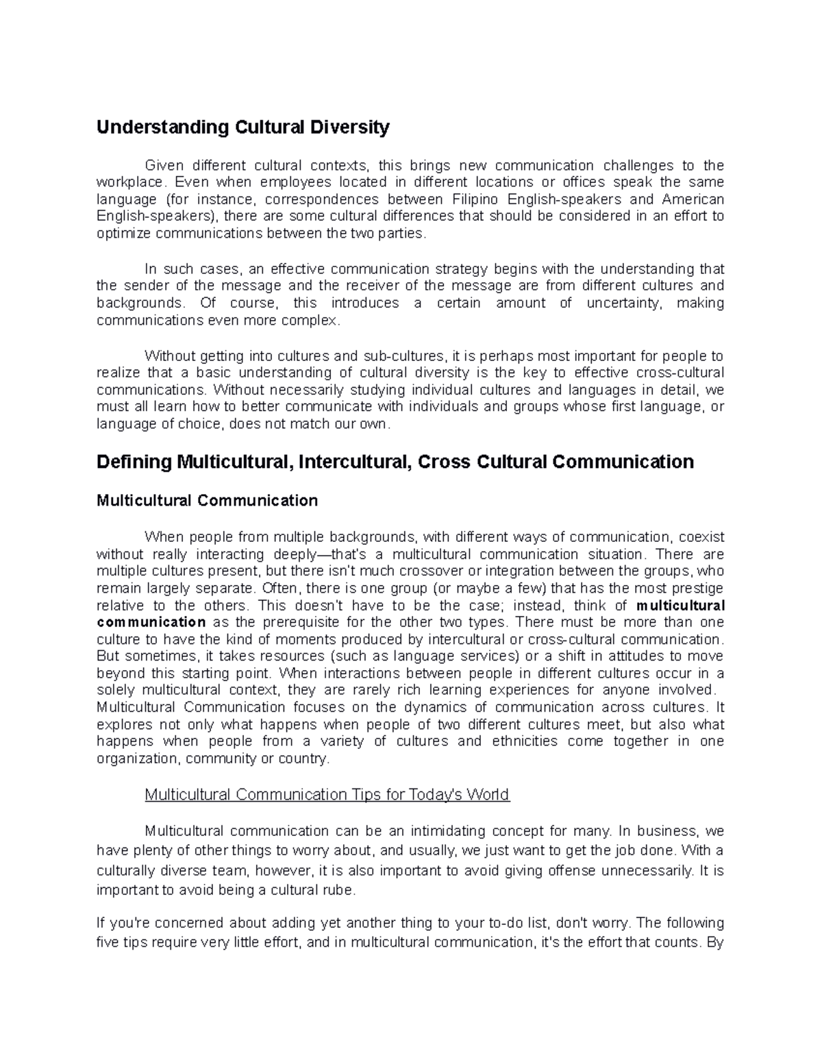 Purposive communication Summary 3 - Understanding Cultural Diversity ...