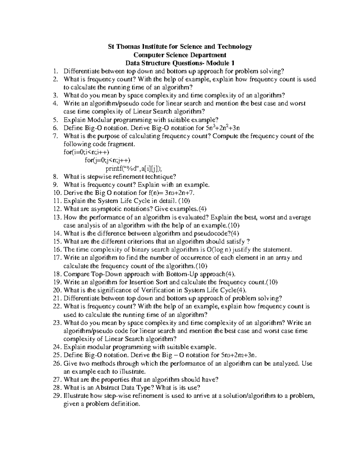 Question Bank Module Wise St Thomas Institute For Science And Technology Computer Science 1684