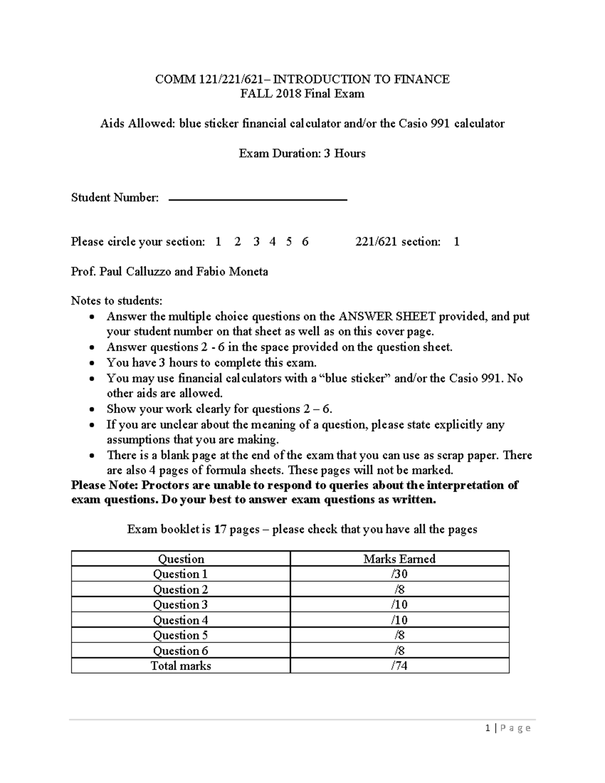 2018 Final Exam posted - COMM 121/221/621– INTRODUCTION TO FINANCE FALL ...