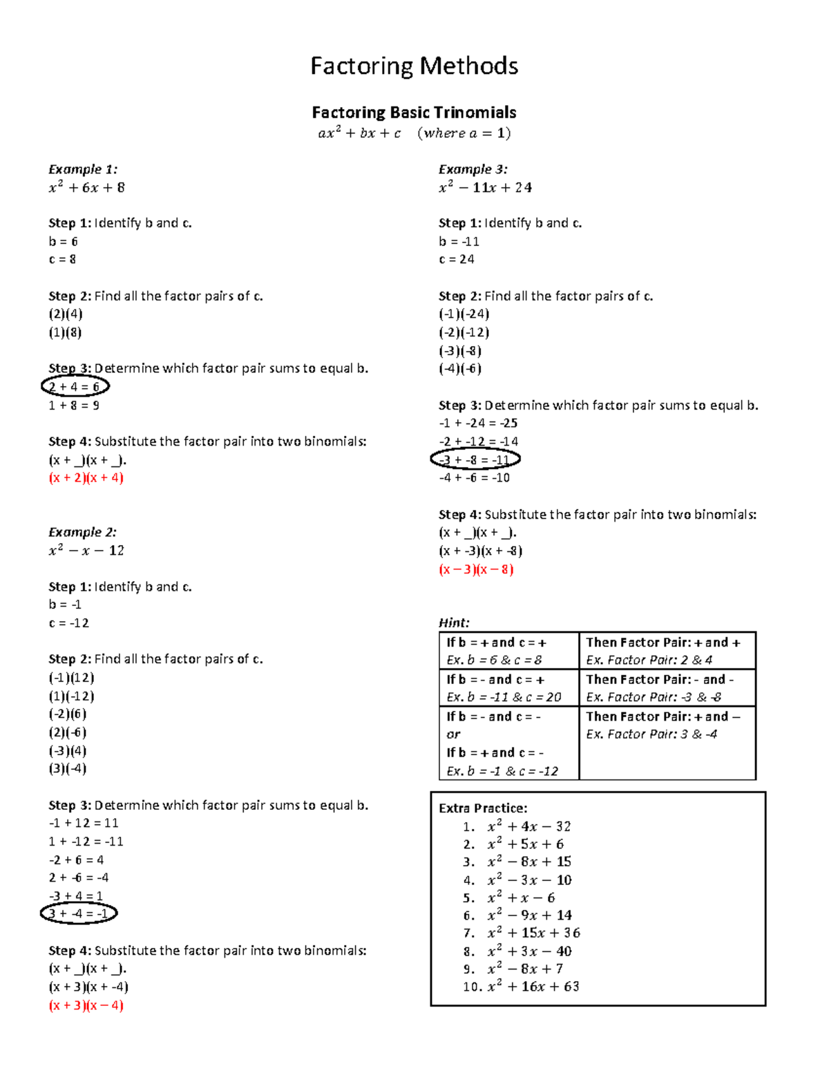 Factoring Methods-1 - Factoring Methods Factoring Basic Trinomials 𝑎𝑥 2 ...