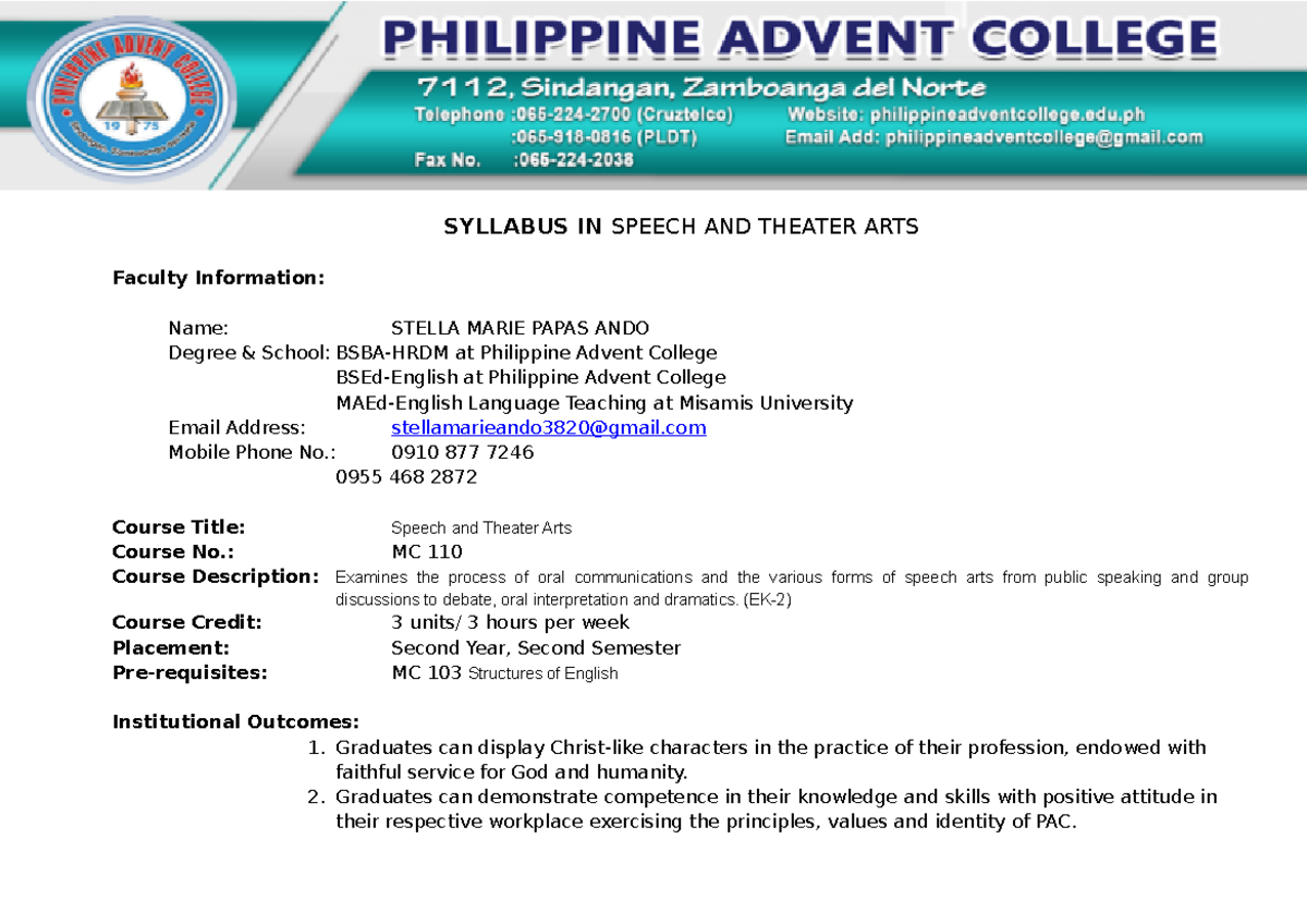 Speech AND Theater ARTS Syllabus - SYLLABUS IN SPEECH AND THEATER ARTS ...