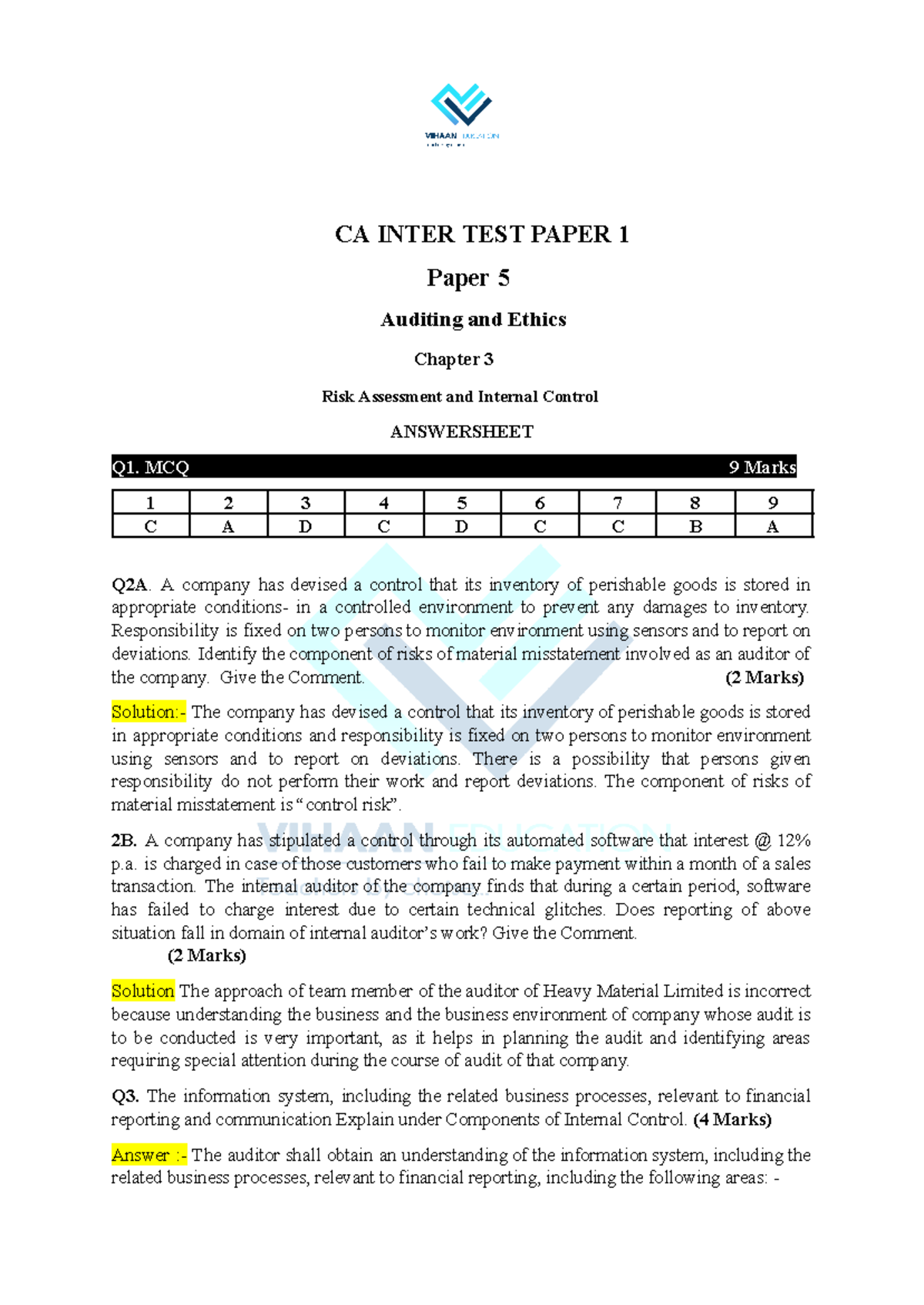 3 . CA Inter Auditing and Ethics CH 3 Answersheet - CA INTER TEST PAPER ...