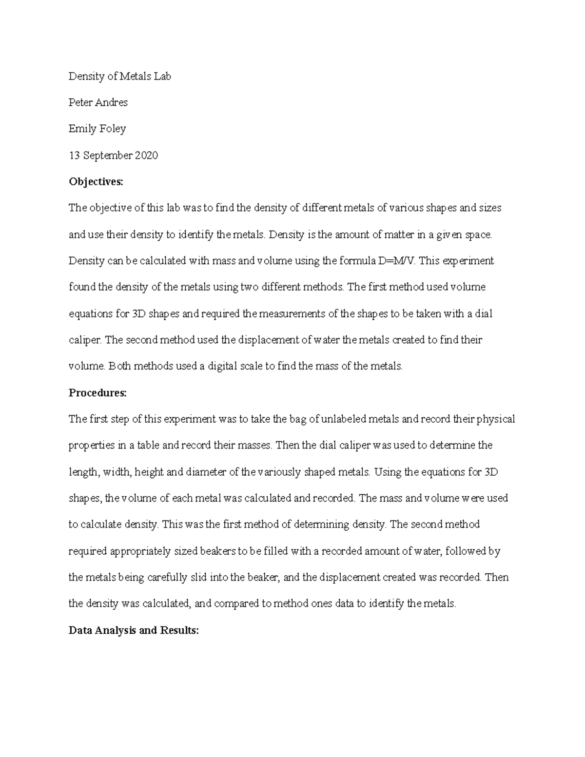 Density of Metal Lab Report - Density of Metals Lab Peter Andres Emily ...