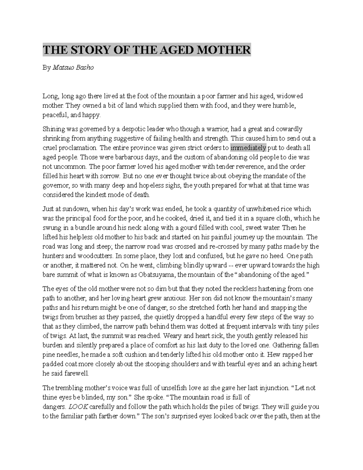 THE Story OF THE AGED Mother - THE STORY OF THE AGED MOTHER By Matsuo ...