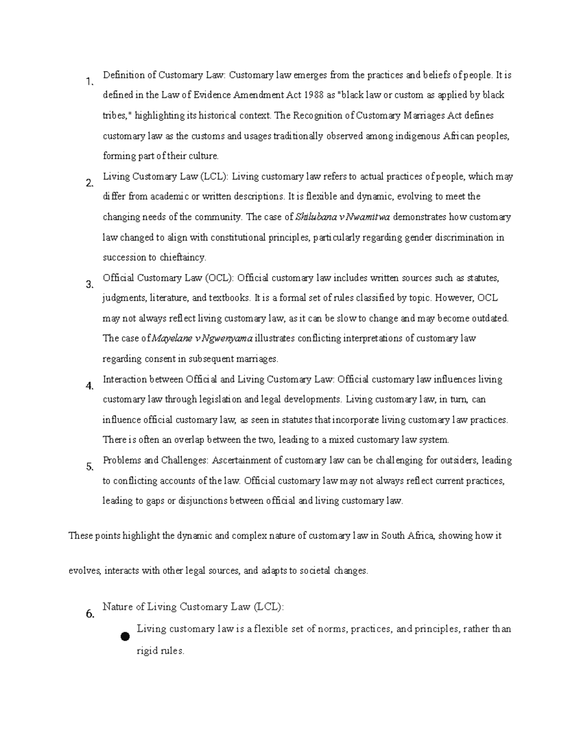 CUS 311 Nature OF CL - Summary Customary Law - 1. Definition of ...