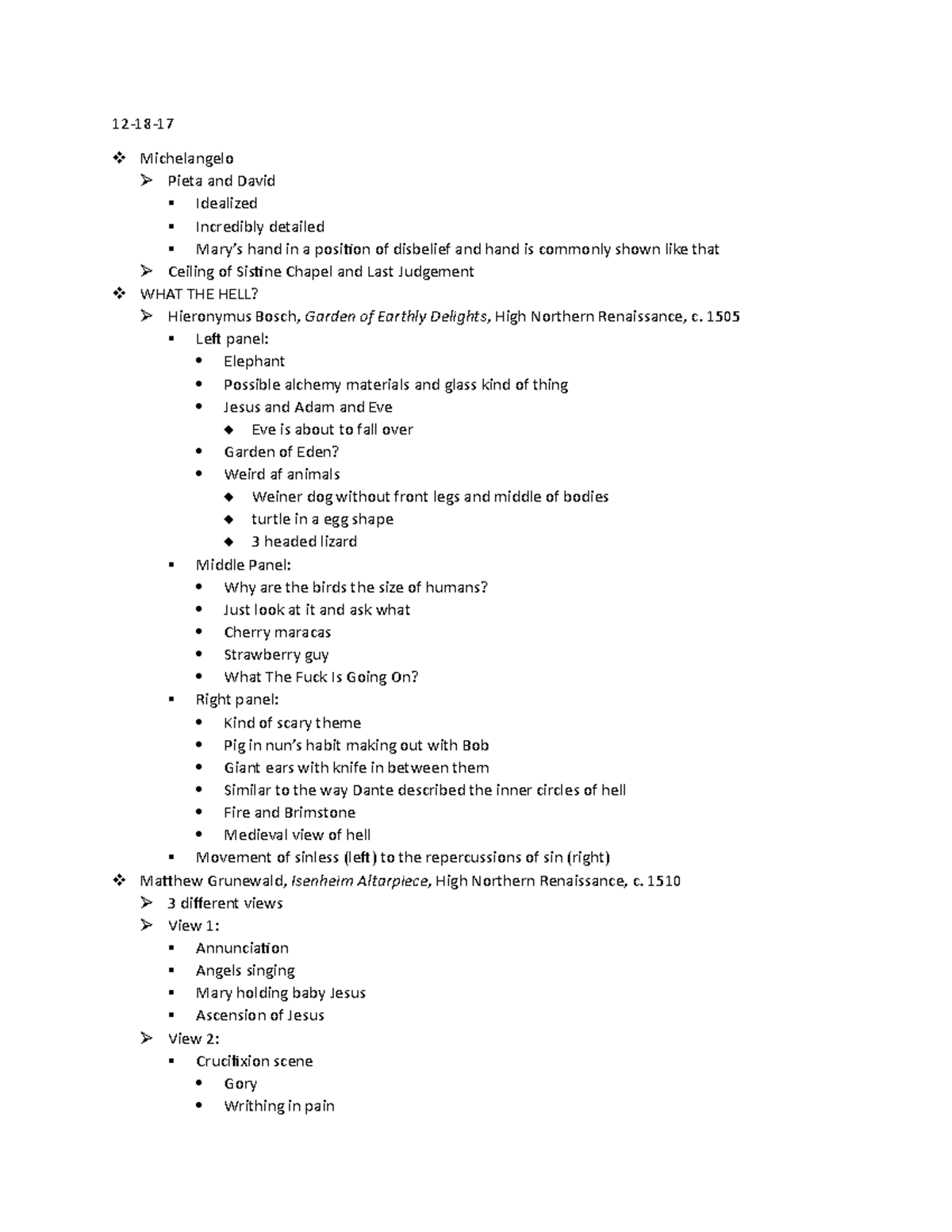 12-18-17 - notes from class that day - Michelangelo Pieta and David ...
