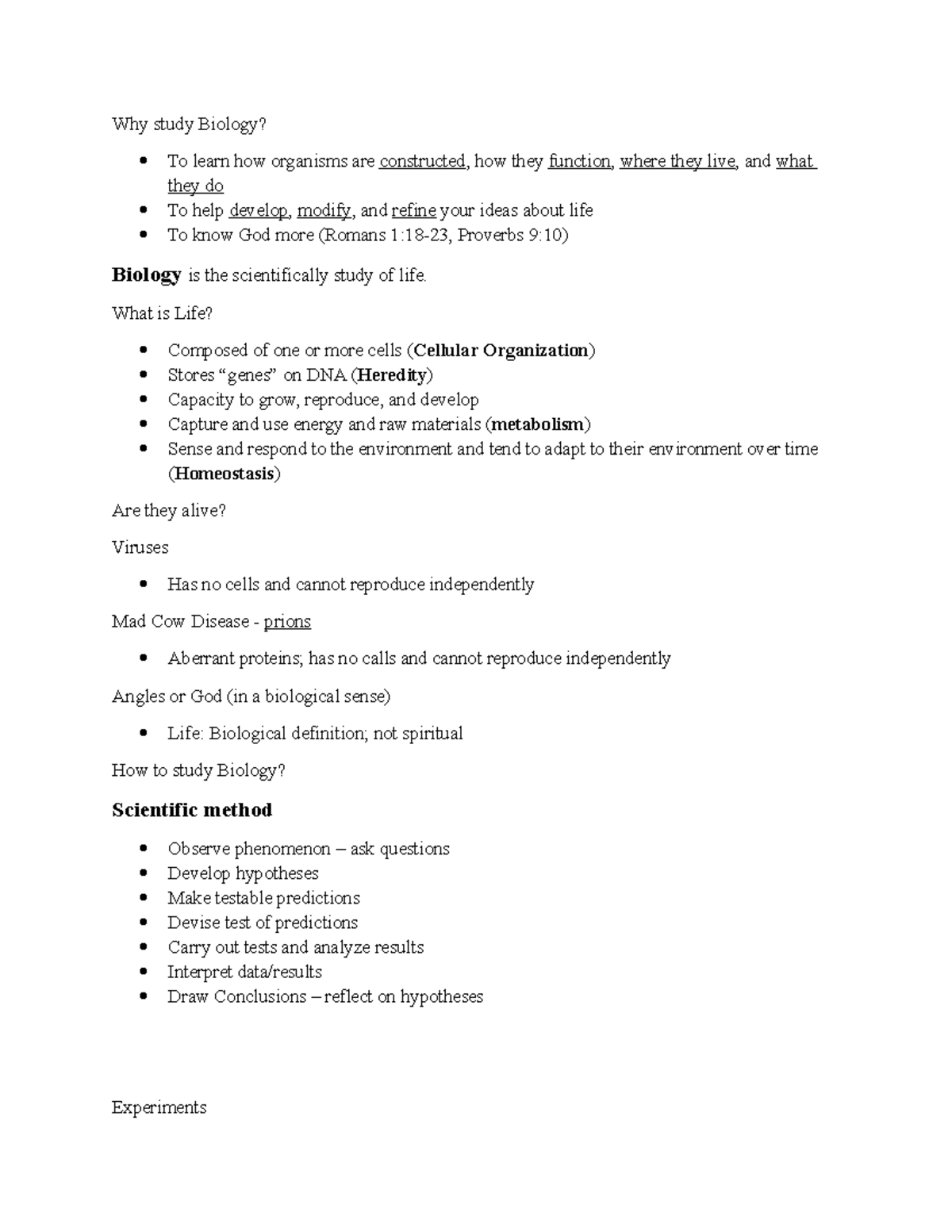 Biology 101 notes - Professor Timothy Brophy - Why study Biology? To ...