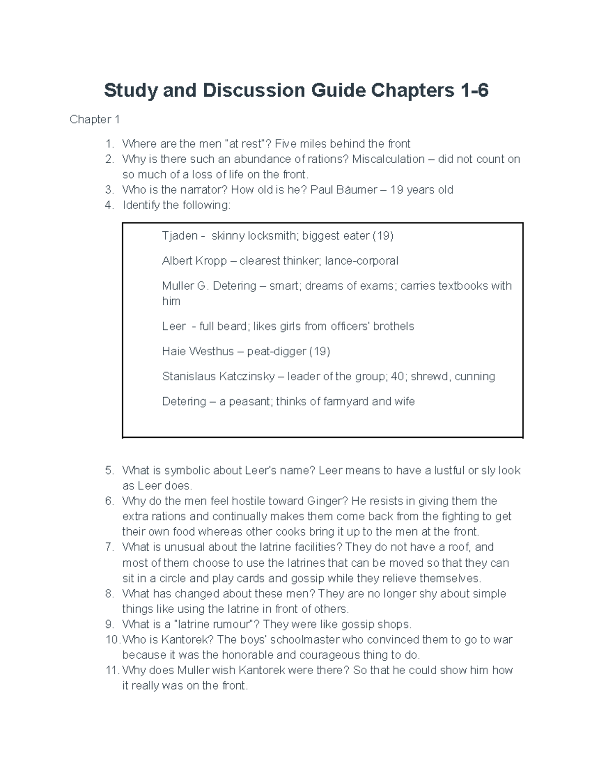 All Quiet on the Western Front Study Guide with Answers Chapters 1-6 ...