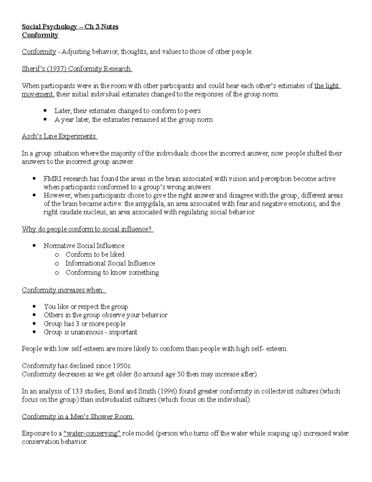Unit 3 Lecture Notes - Social Psychology – Ch 3 Notes Conformity ...