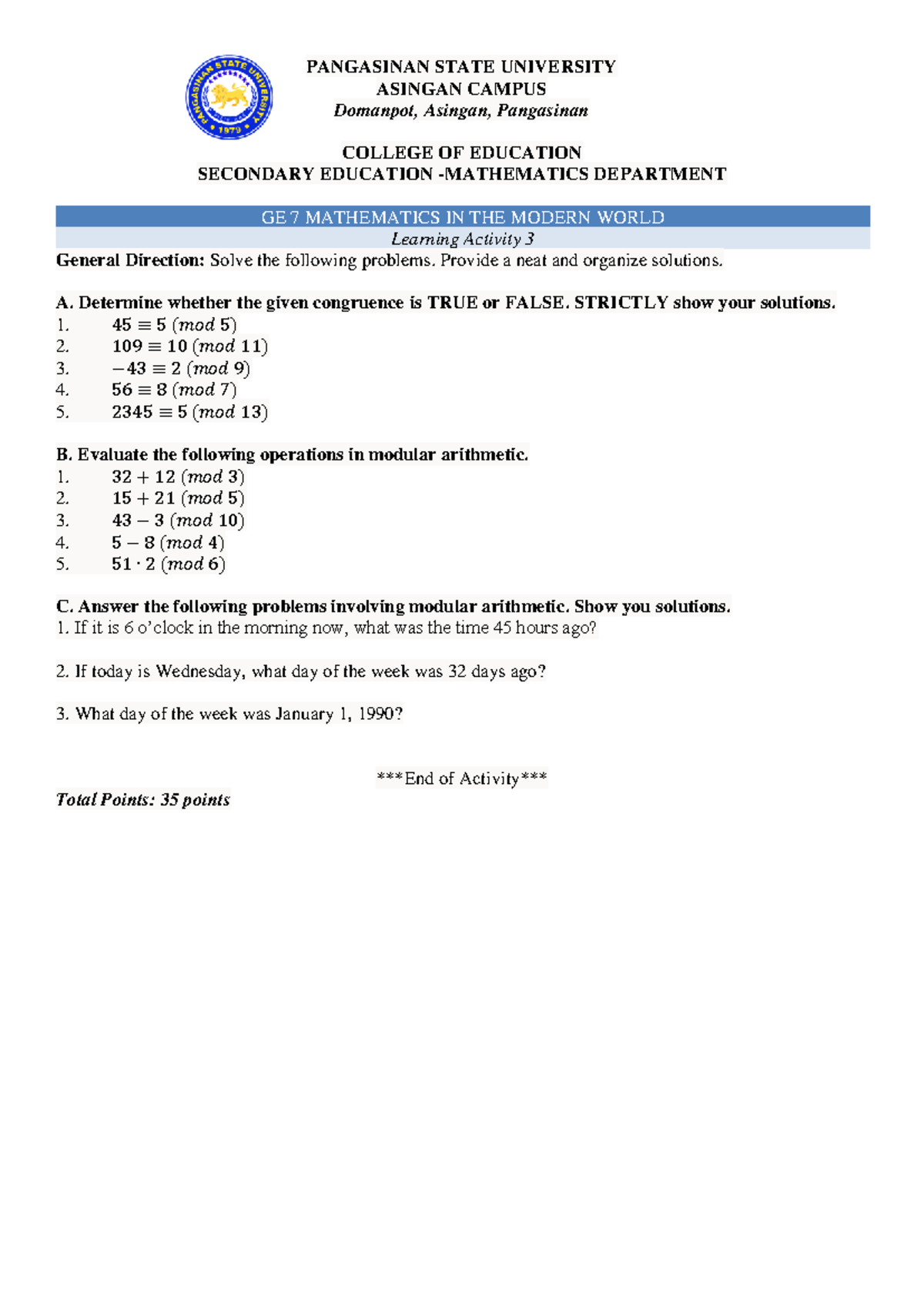 Learning Activity 3F - Practice exercise in prof ed - PANGASINAN STATE ...