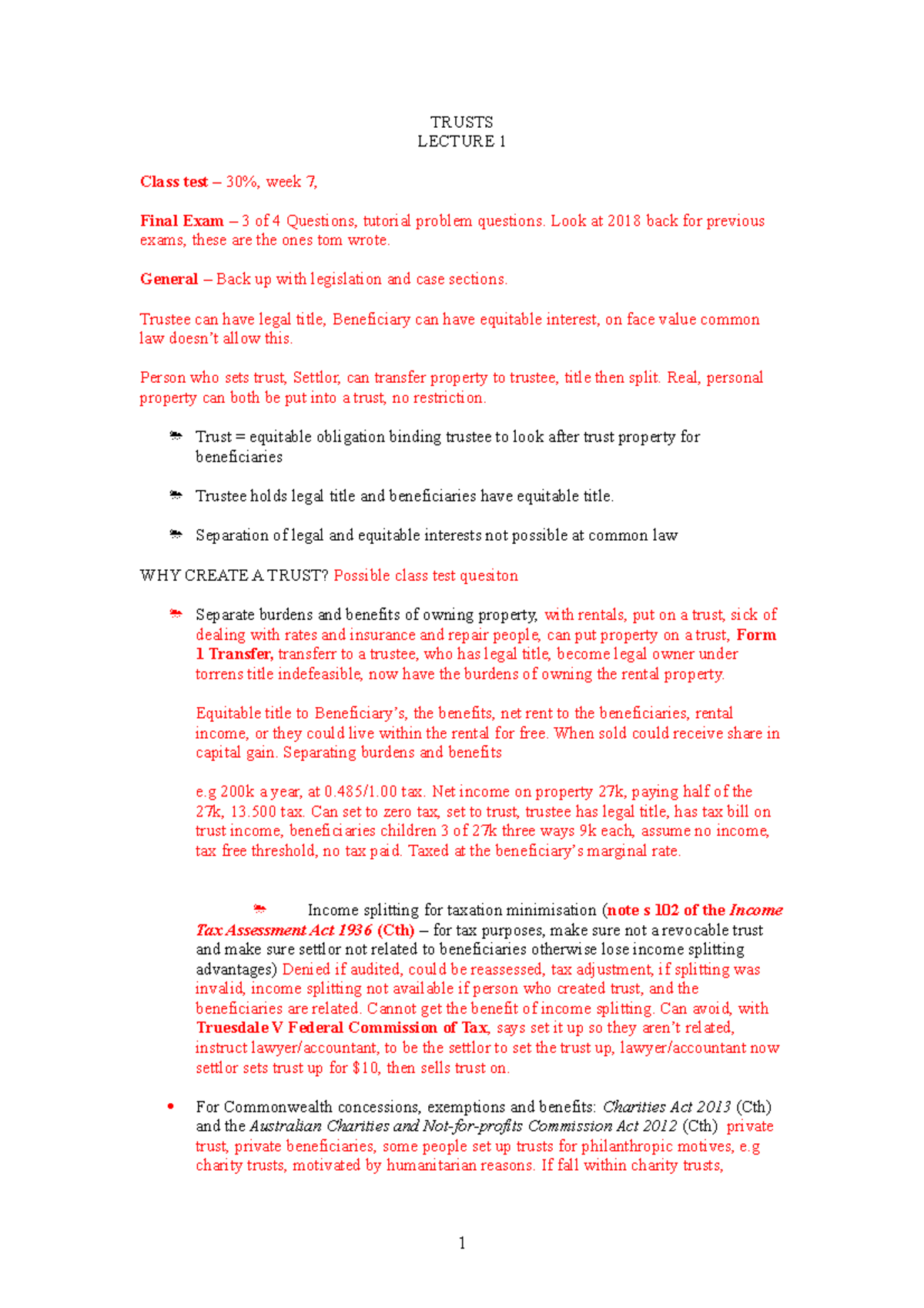 Lecture 1 Intro - TRUSTS LECTURE 1 Class test – 30%, week 7, Final Exam ...