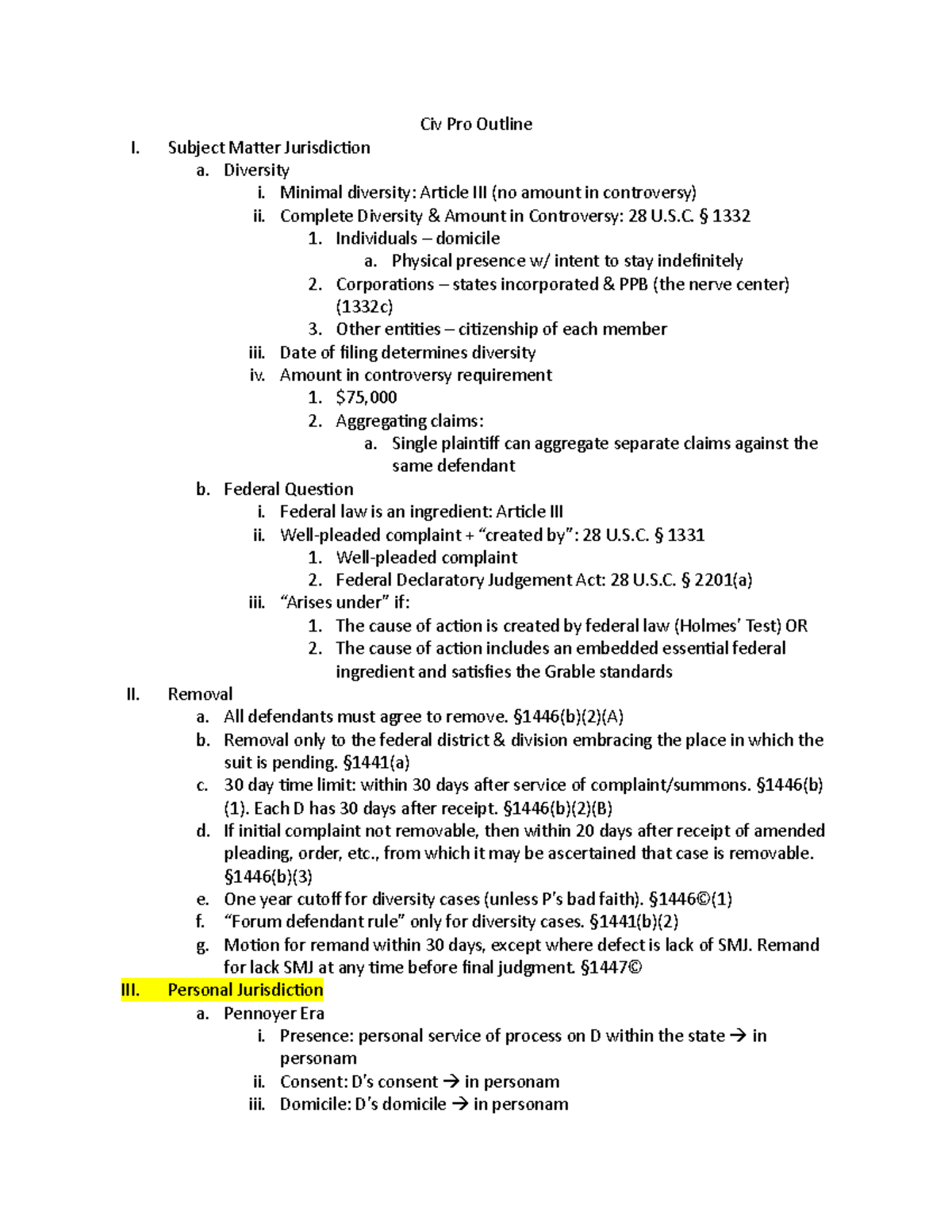 Civil Procedure Final Outline All Topics - Civ Pro Outline I. II ...