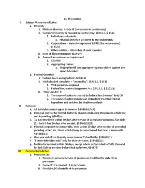 Civil Procedure Outline Midterm - I→ Issue R→ Rule E→ Explanation(why ...