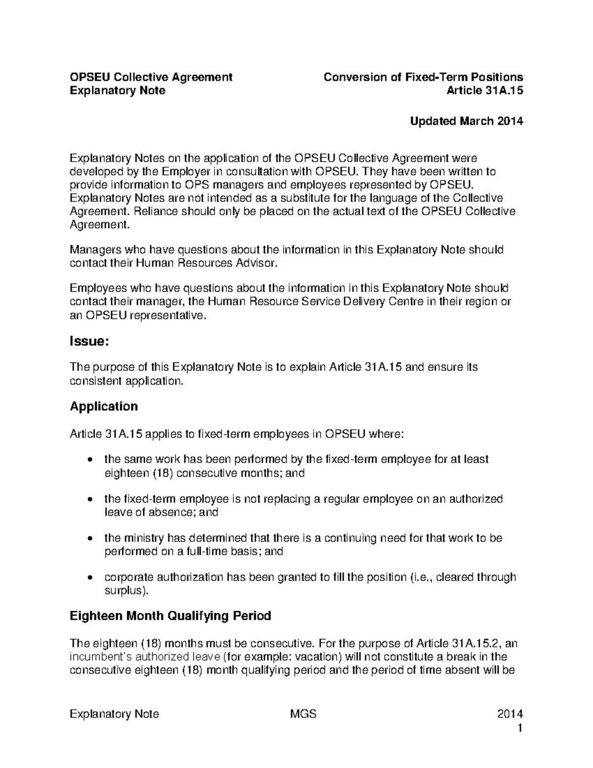 CA Opseu EN FXT Conversion - Explanatory Note MGS 2014 OPSEU Collective ...