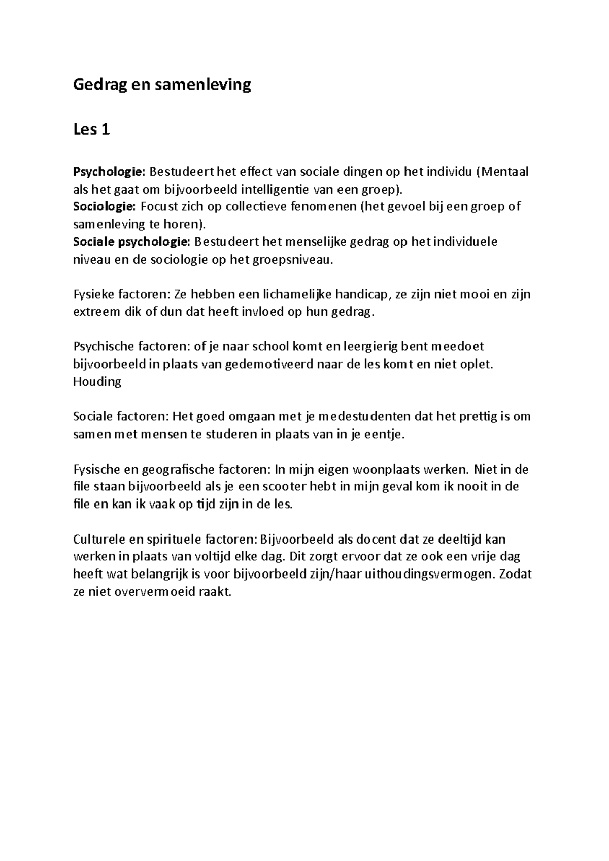 Gedrag en samenleving Les 1 - Gedrag en samenleving Les 1 Psychologie ...