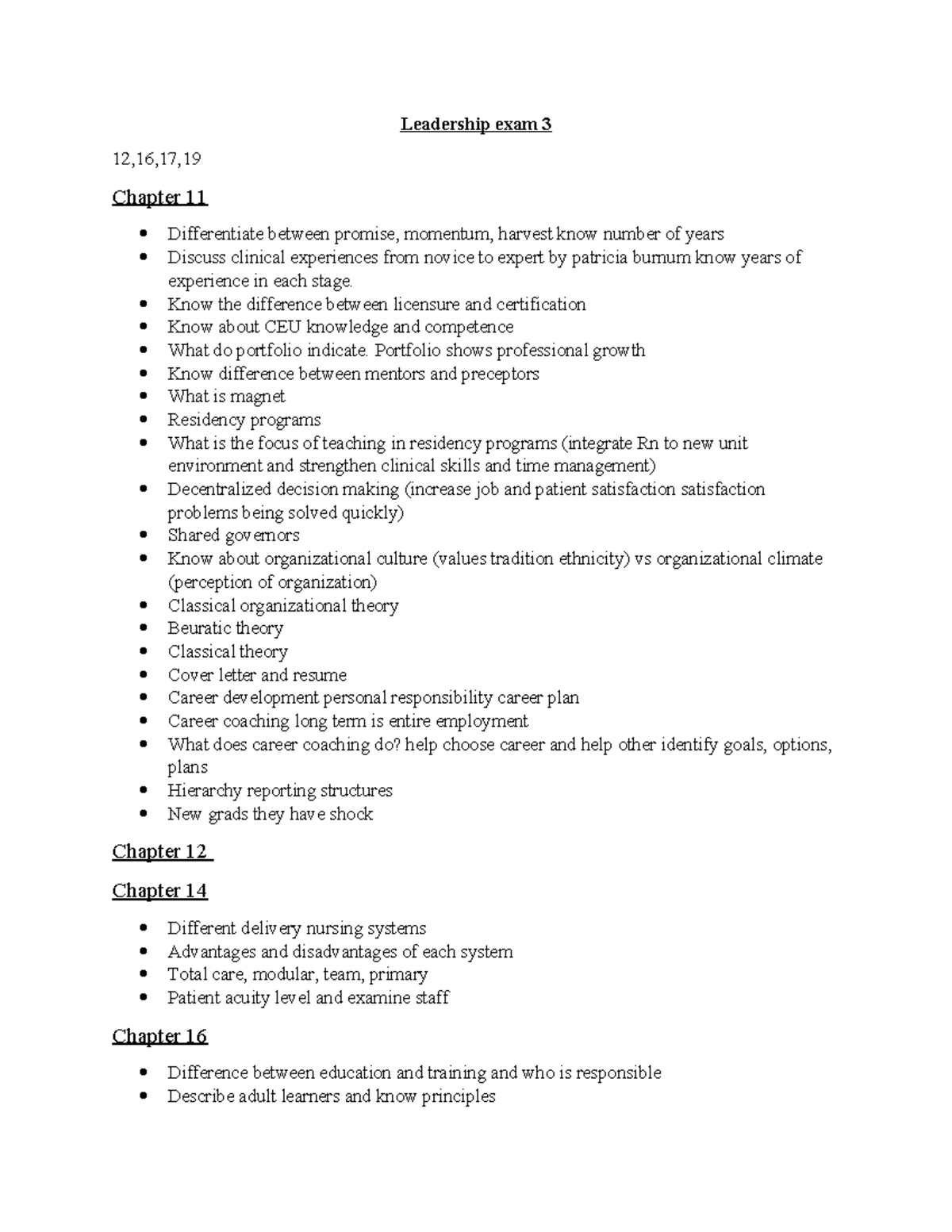 Leadership exam 3 outline - Leadership exam 3 12,16,17, Chapter 11 ...
