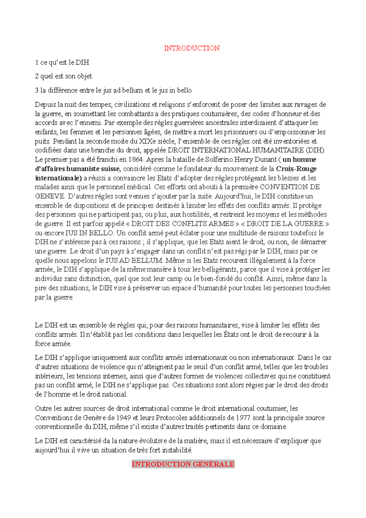 DIH - notes - INTRODUCTION 1 ce qu’est le DIH 2 quel est son objet 3 la ...