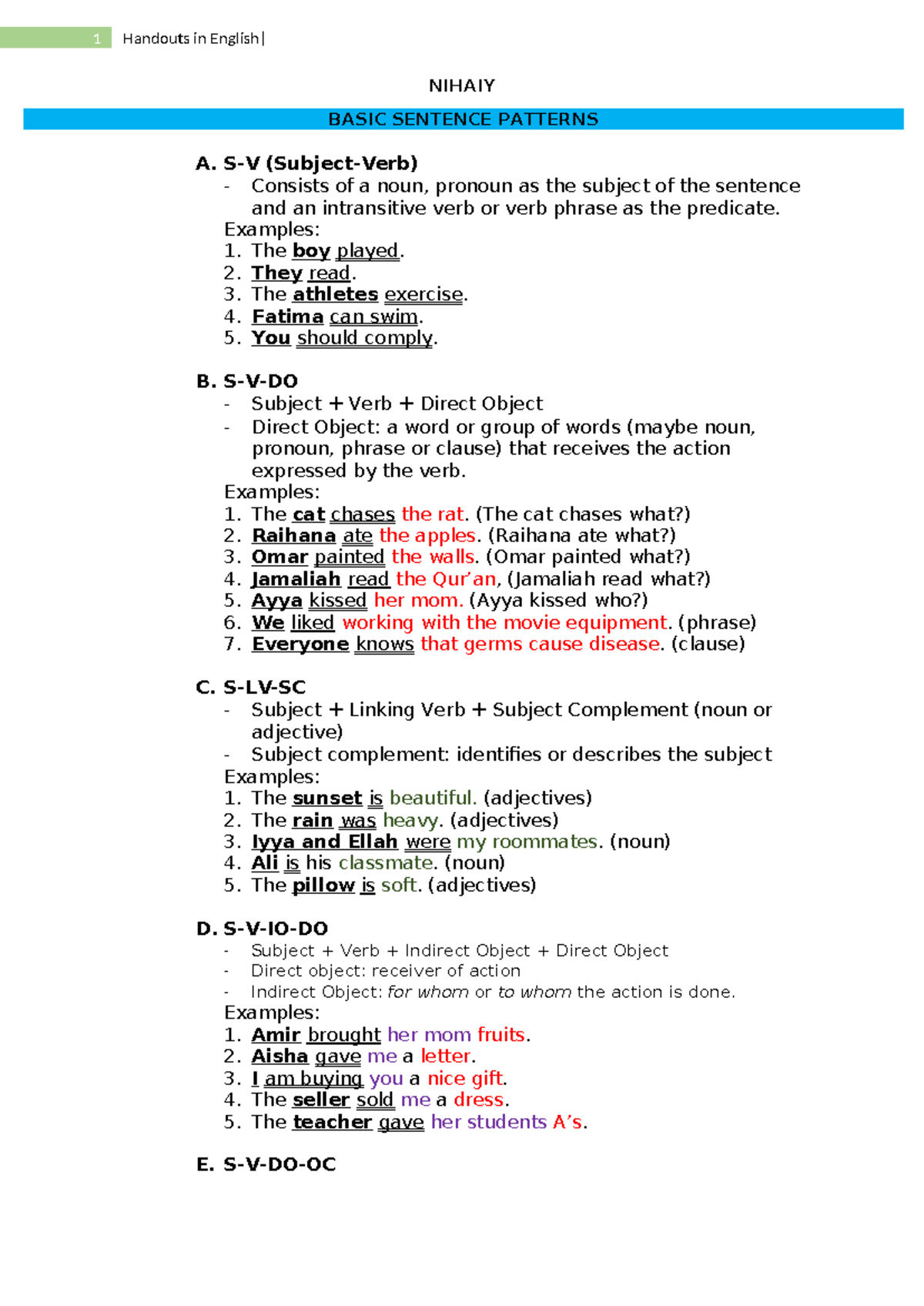Nihaiy Final Handout - NIHAIY BASIC SENTENCE PATTERNS A. S-V (Subject ...