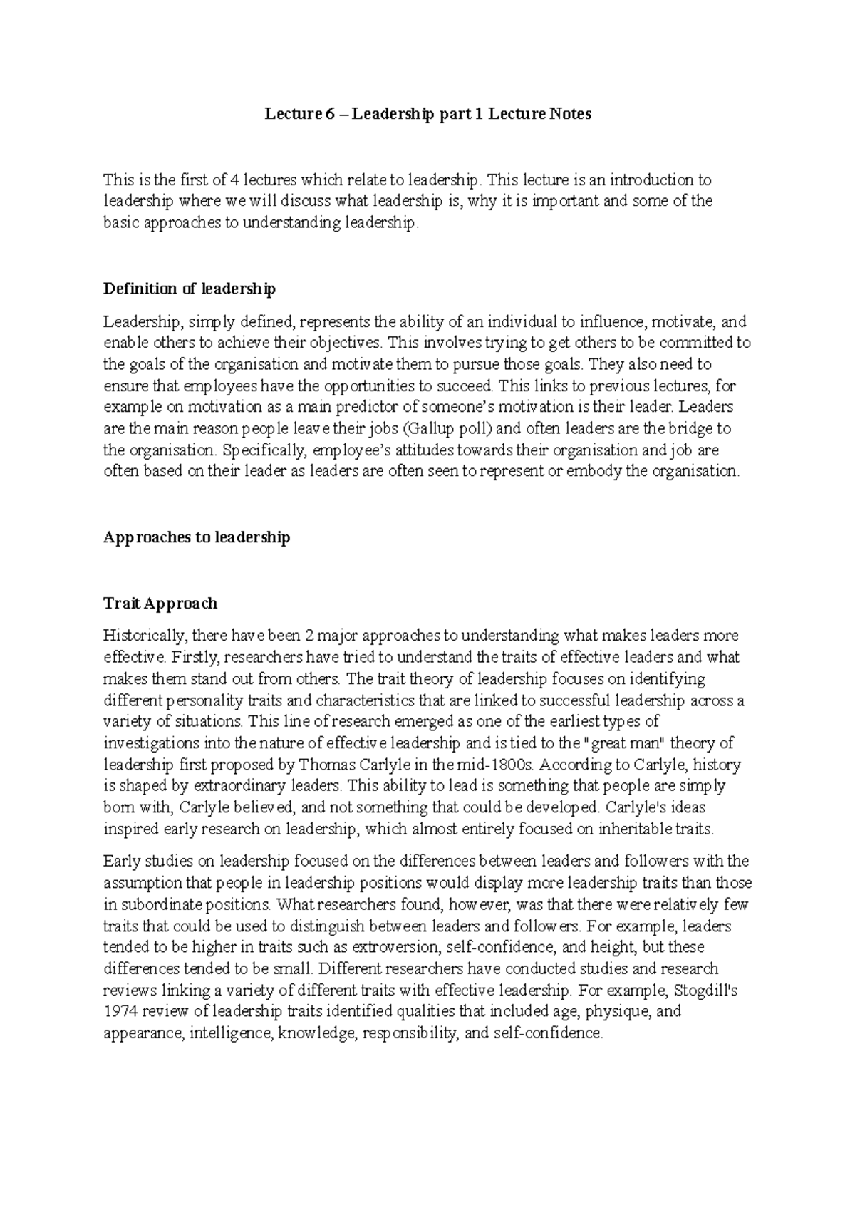Leadership theories - Notes - Lecture 6 – Leadership part 1 Lecture ...