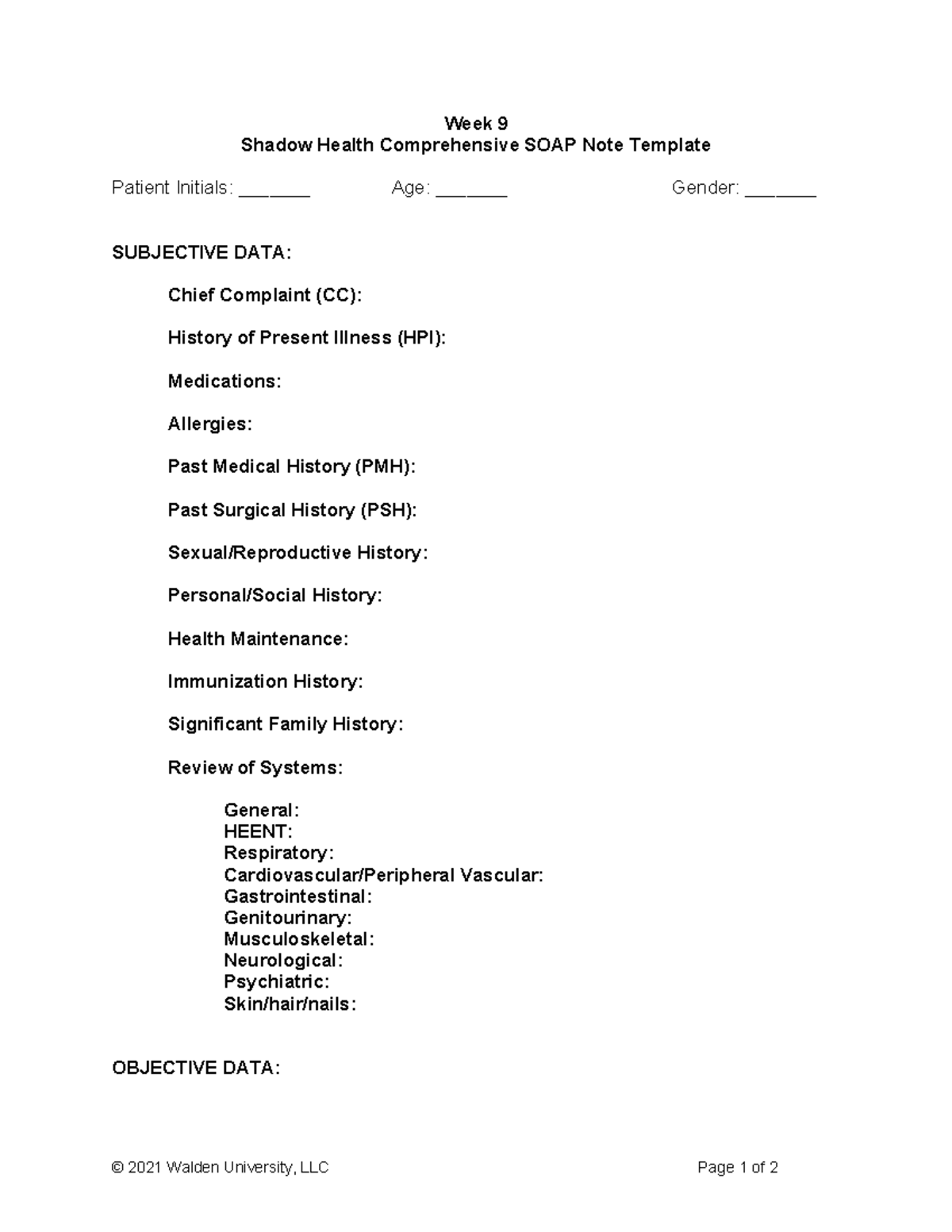 Week 9 SH Comprehensive SOAP Note Documentation Template (3) - Week 9 ...