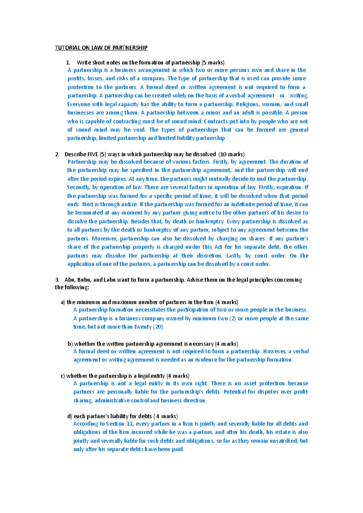 Tutorial ON LAW OF Partnership - TUTORIAL ON LAW OF PARTNERSHIP Write ...