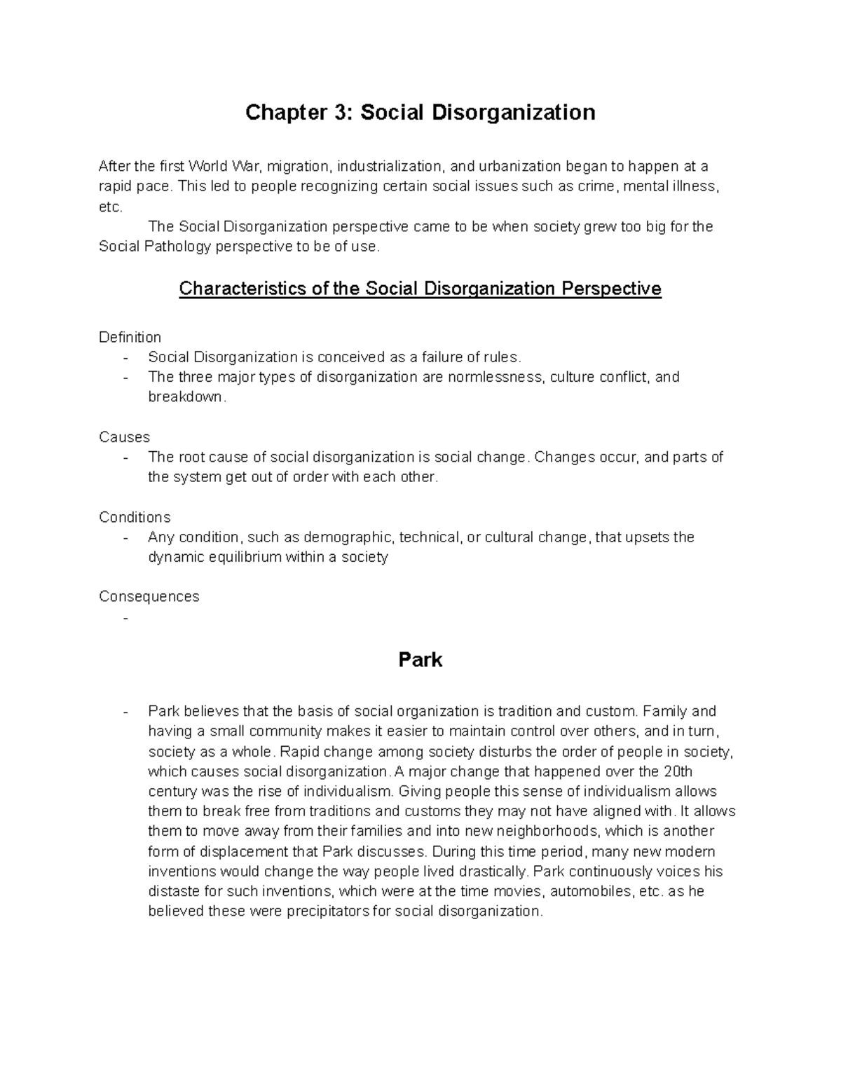 Chapter 3 Notes - Chapter 3: Social Disorganization After the first ...