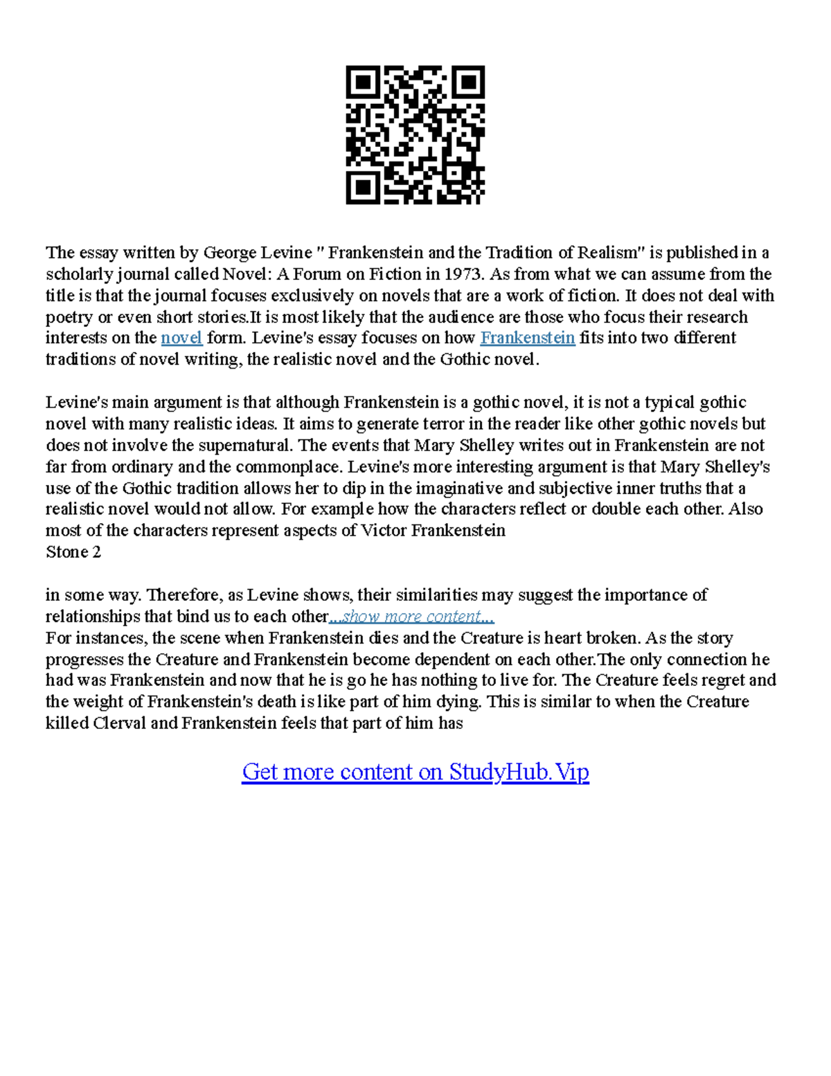 Essay On Realism - The essay written by George Levine " Frankenstein ...