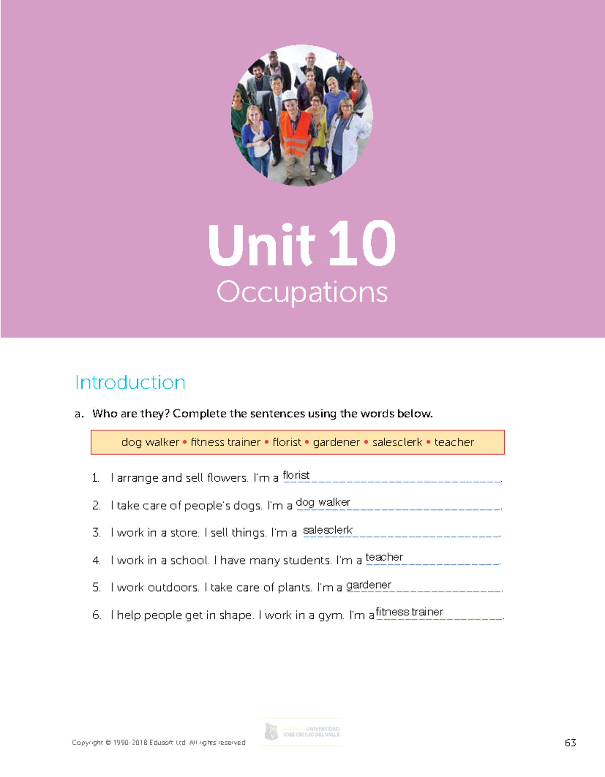 Basic 1 Workbook Units 10 - Occupations Unit 10 Introduction a. Who are they? Complete the ...