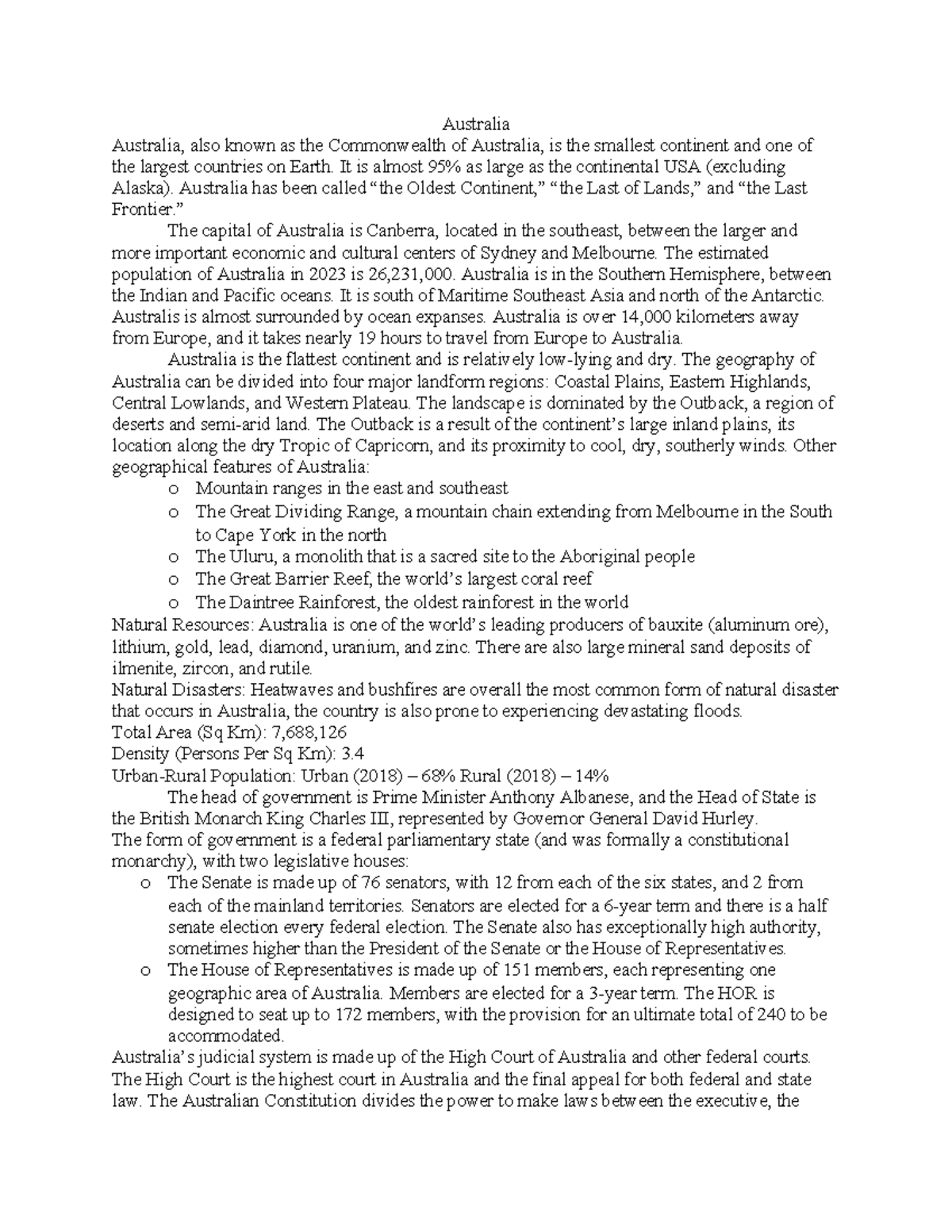 Australia Model Fact sheet - Australia Australia, also known as the ...