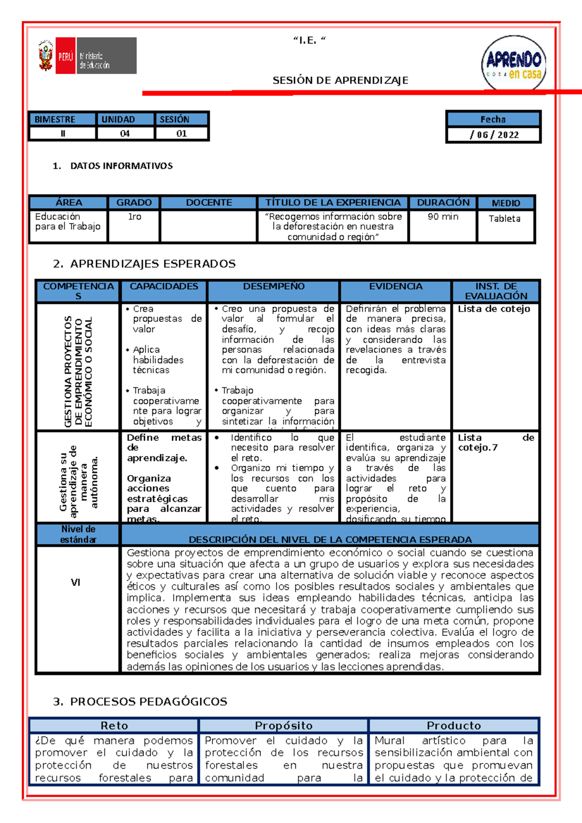 EPT 1° - EDA 4 Sesión DE EPT N° 1 - “I. “ SESIÓN DE APRENDIZAJE 1. DATOS INFORMATIVOS ÁREA GRADO ...