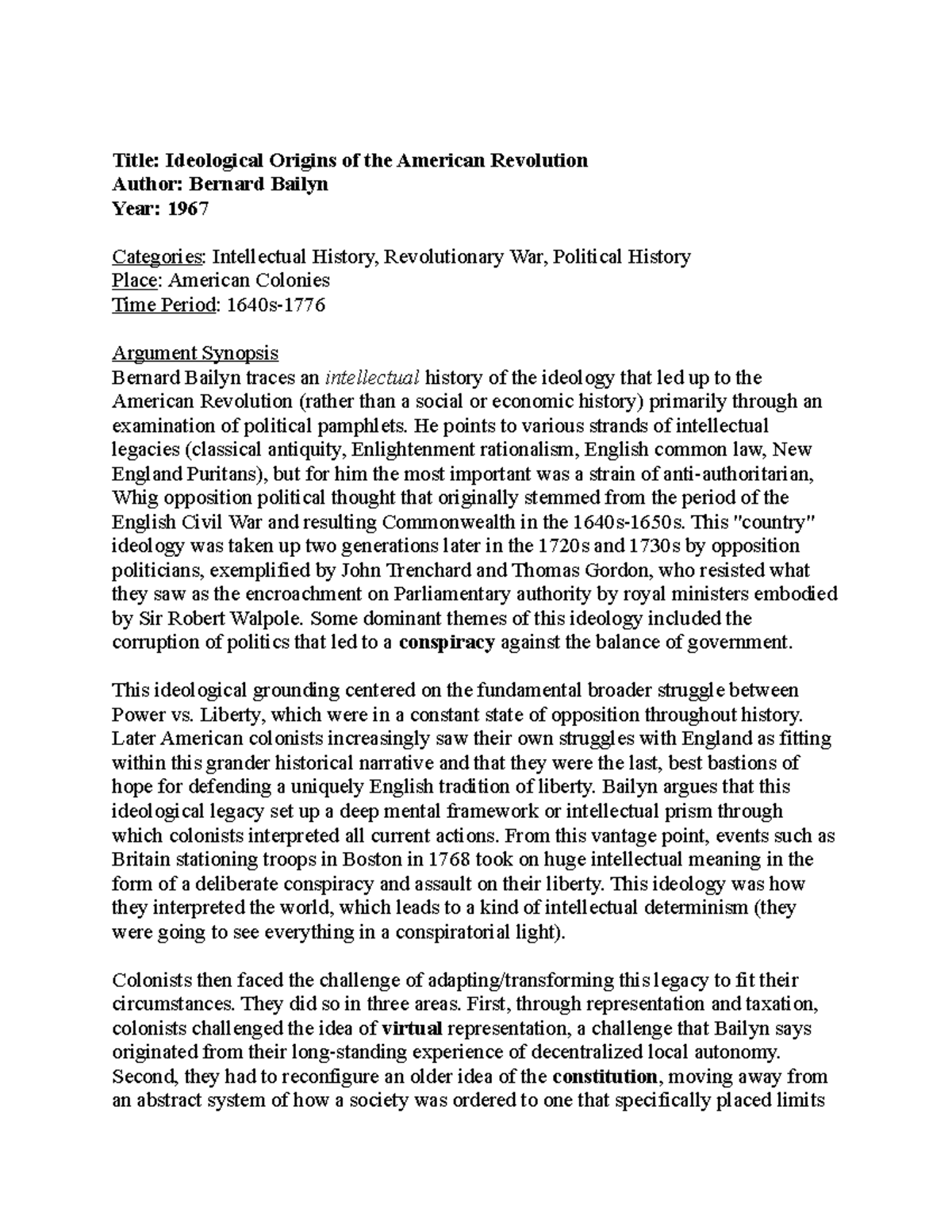 Ideological Origins of the American Revolution - He points to various ...