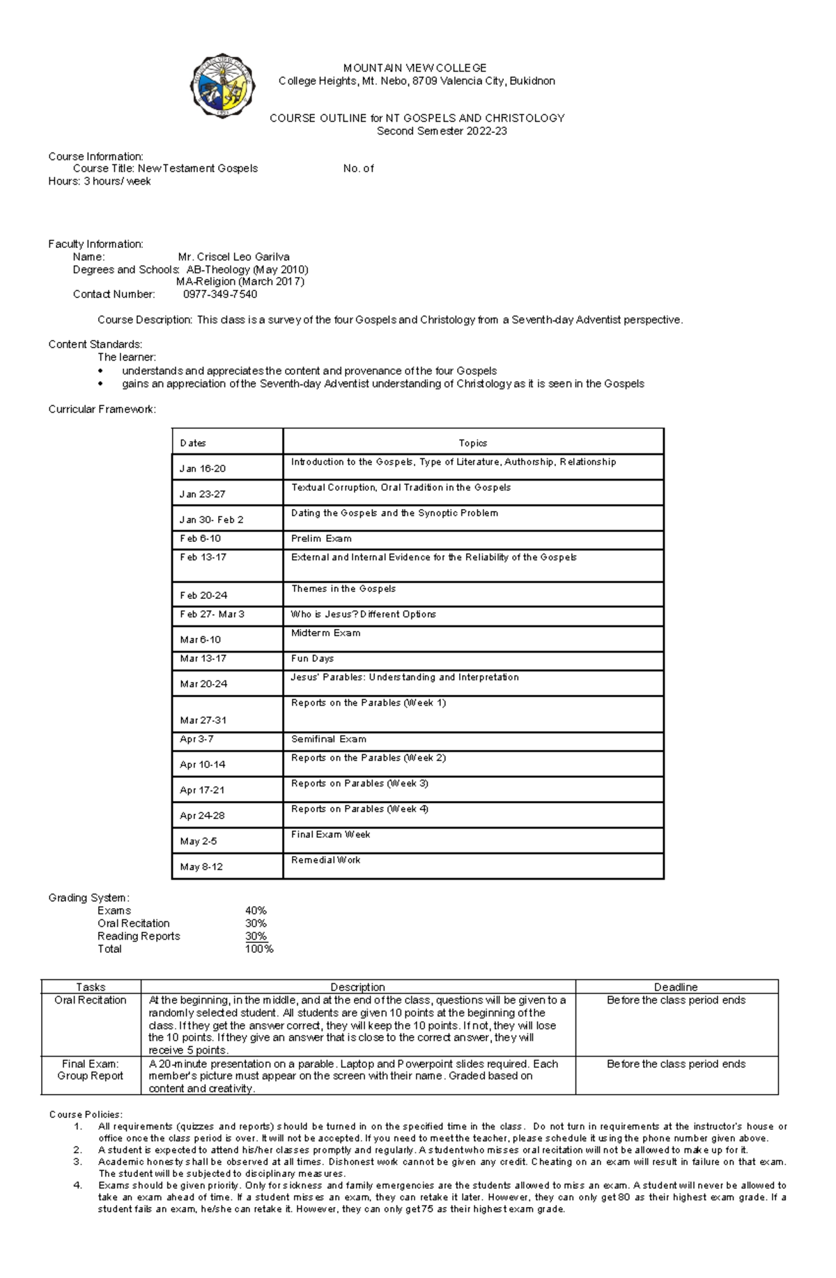 PDF document - like - MOUNTAIN VIEW COLLEGE College Heights, Mt. Nebo ...