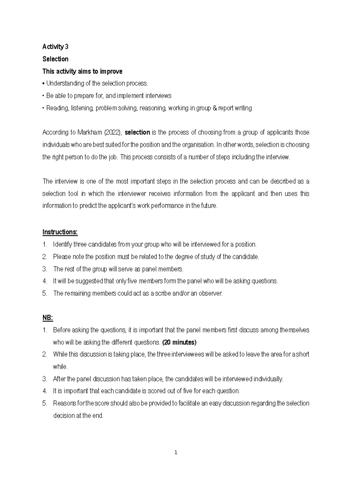 Activity 3 Selection - Activity 3 Selection This activity aims to ...