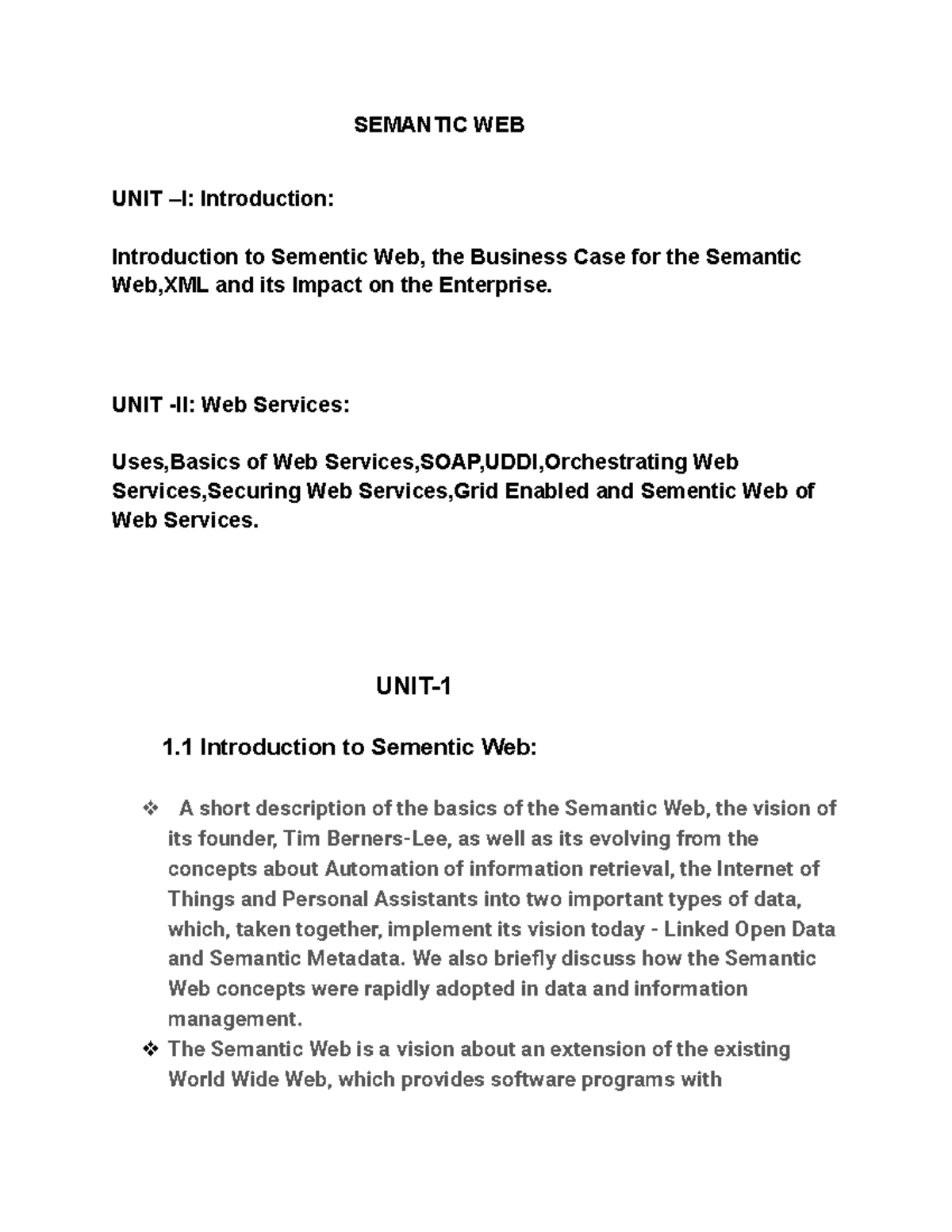 Sementic web unit 1&2.pdf - SEMANTIC WEB UNIT –I: Introduction: Introduction to Sementic Web ...